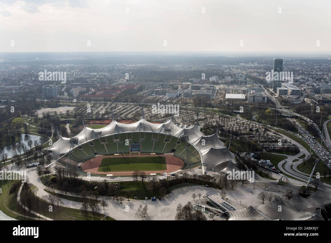 View from the Munich Olympic Tower to the Olympic Park with the Olympic ...