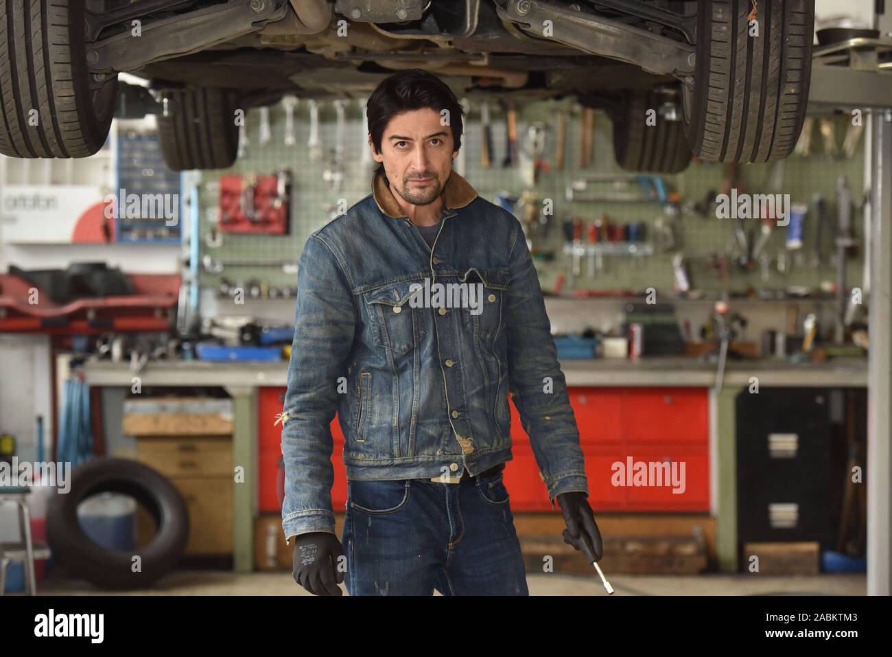 Actor Adrian Can in his brother's garage at Stahlgrubering in Munich ...