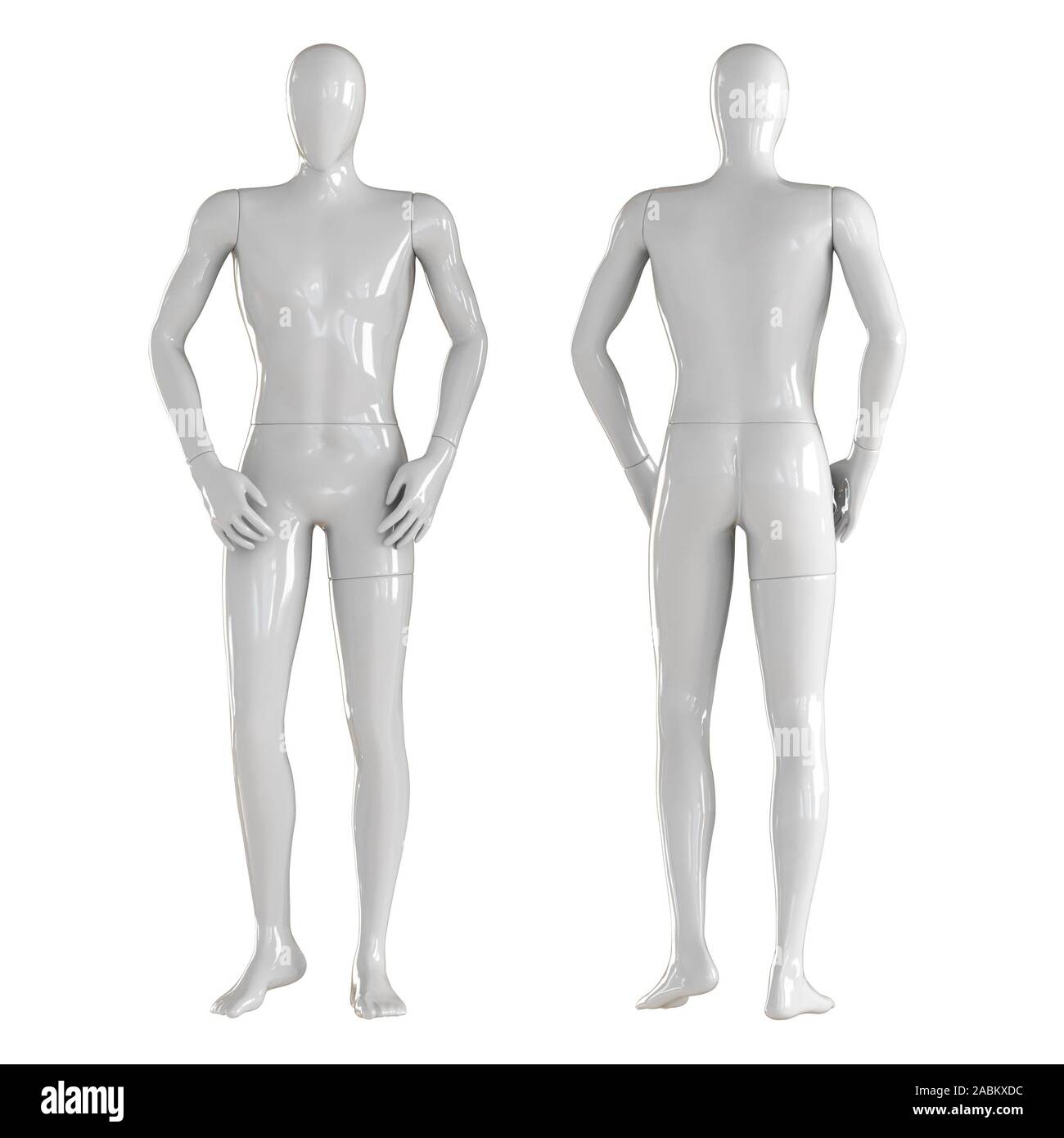 Two white faceless mannequin guy stand one face forward, the other with ...