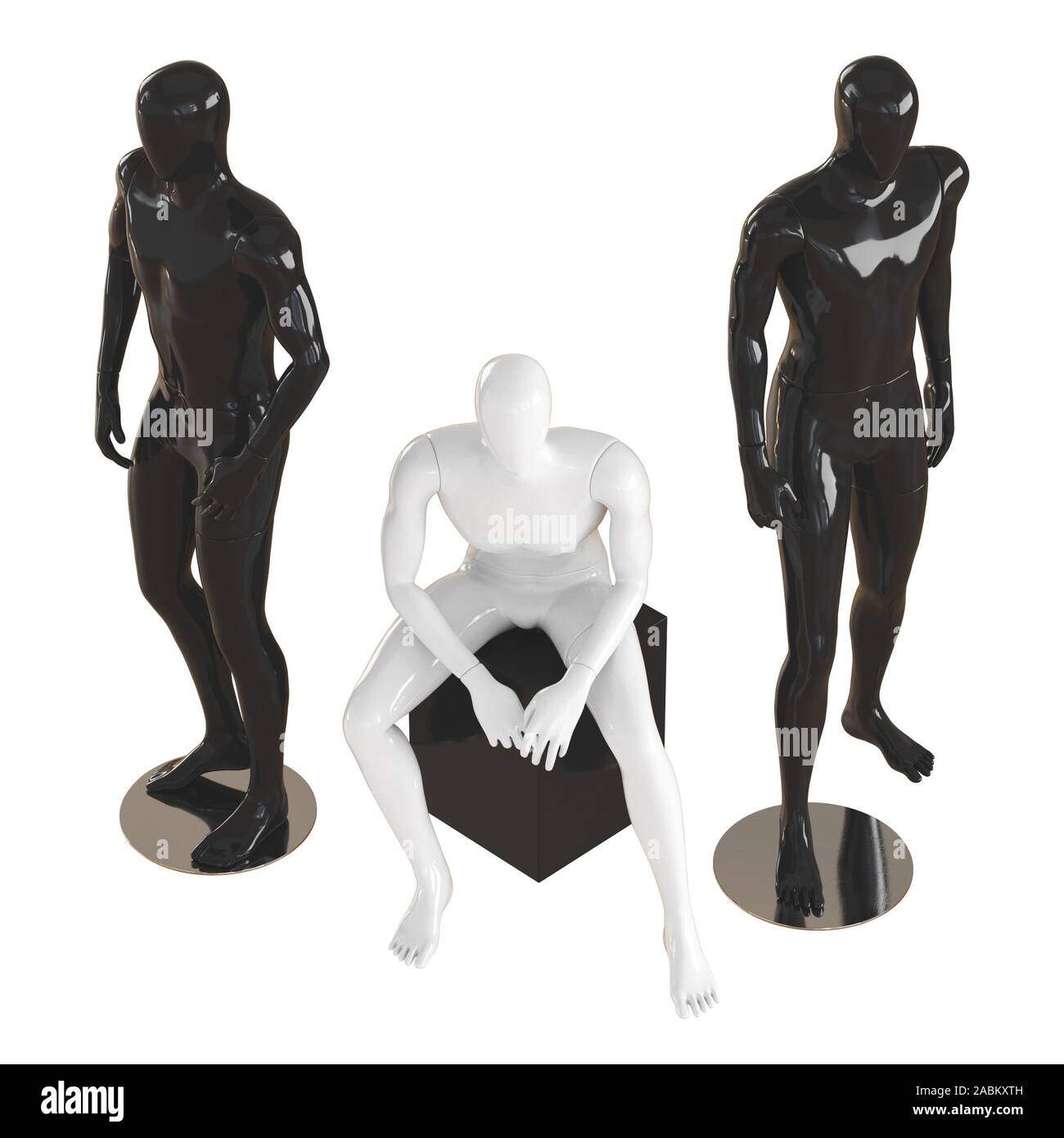 One white faceless mannequin guy sits on a black box and two black ...