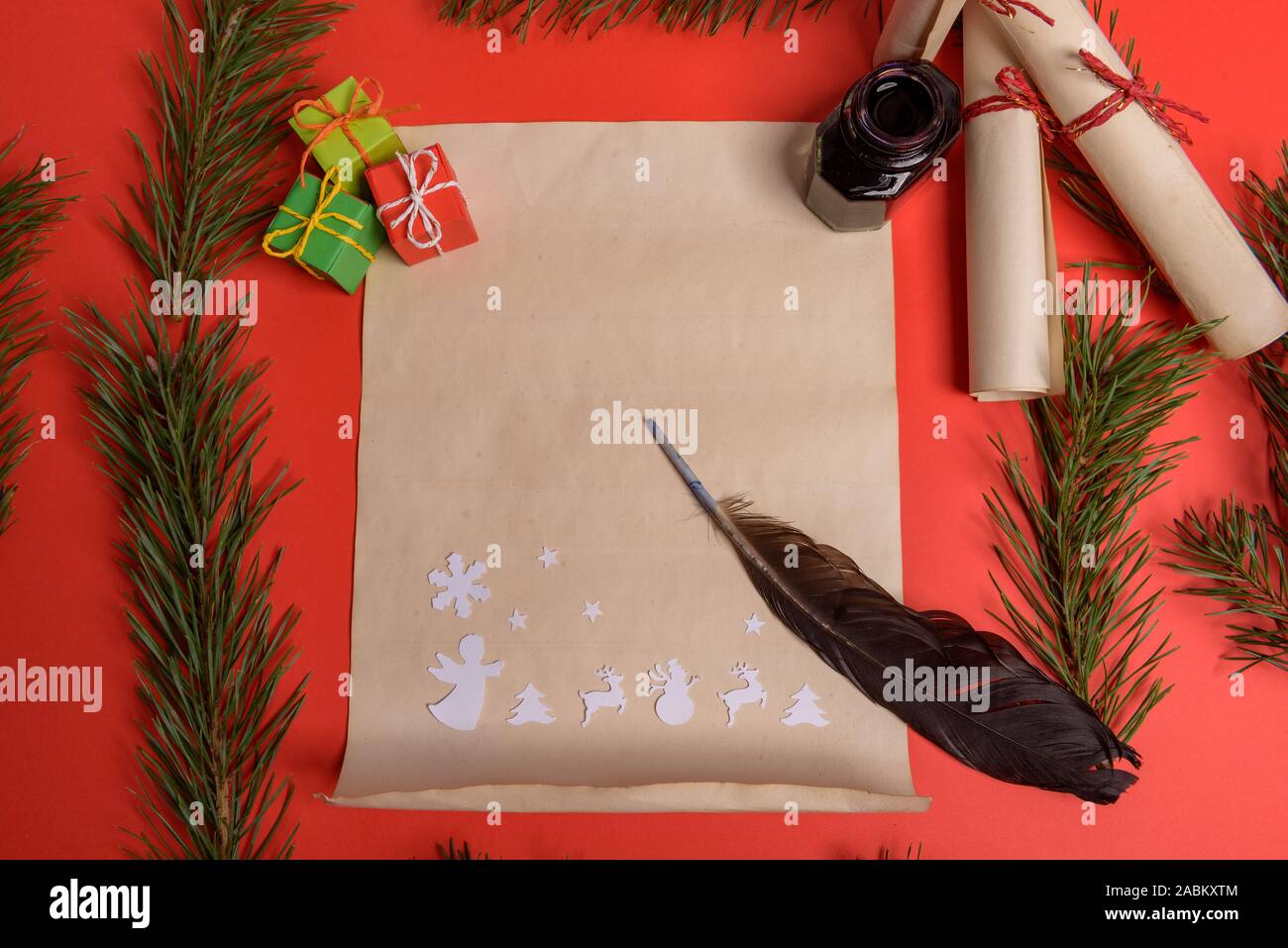 Empty letter for Santa Claus. Copy space. Red background Stock Photo ...