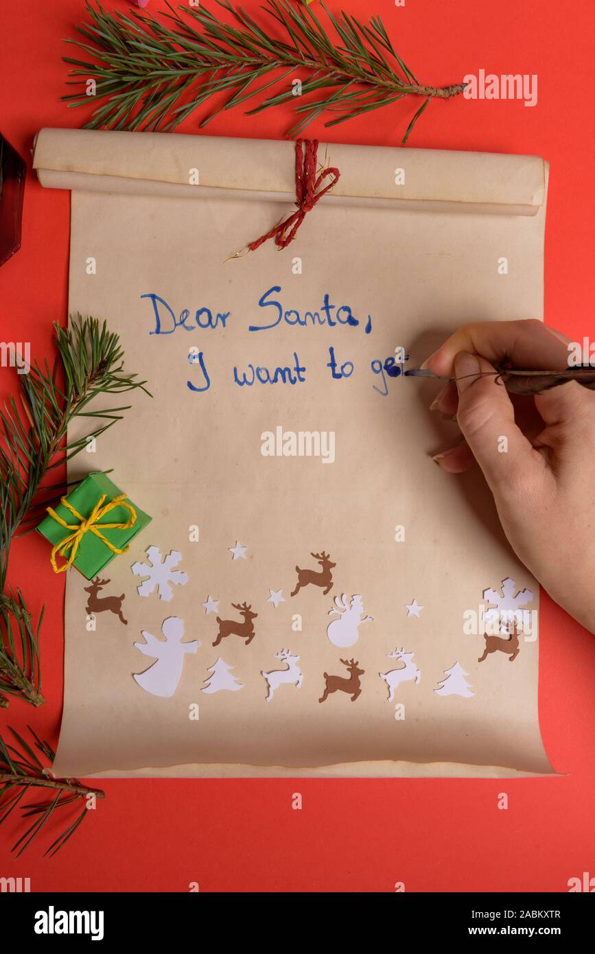 Empty letter for Santa Claus. Copy space. Red background Stock Photo ...