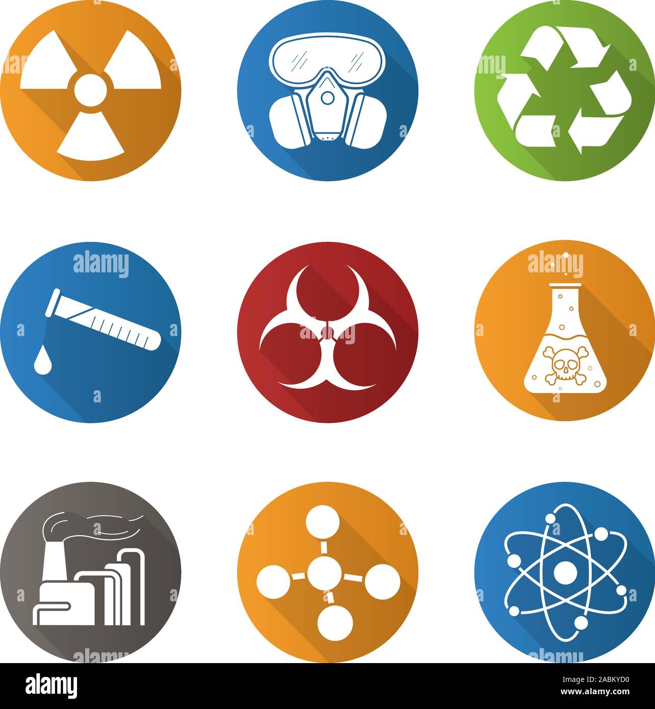 Chemical industry flat design long shadow icons set. Gas mask, recycle ...