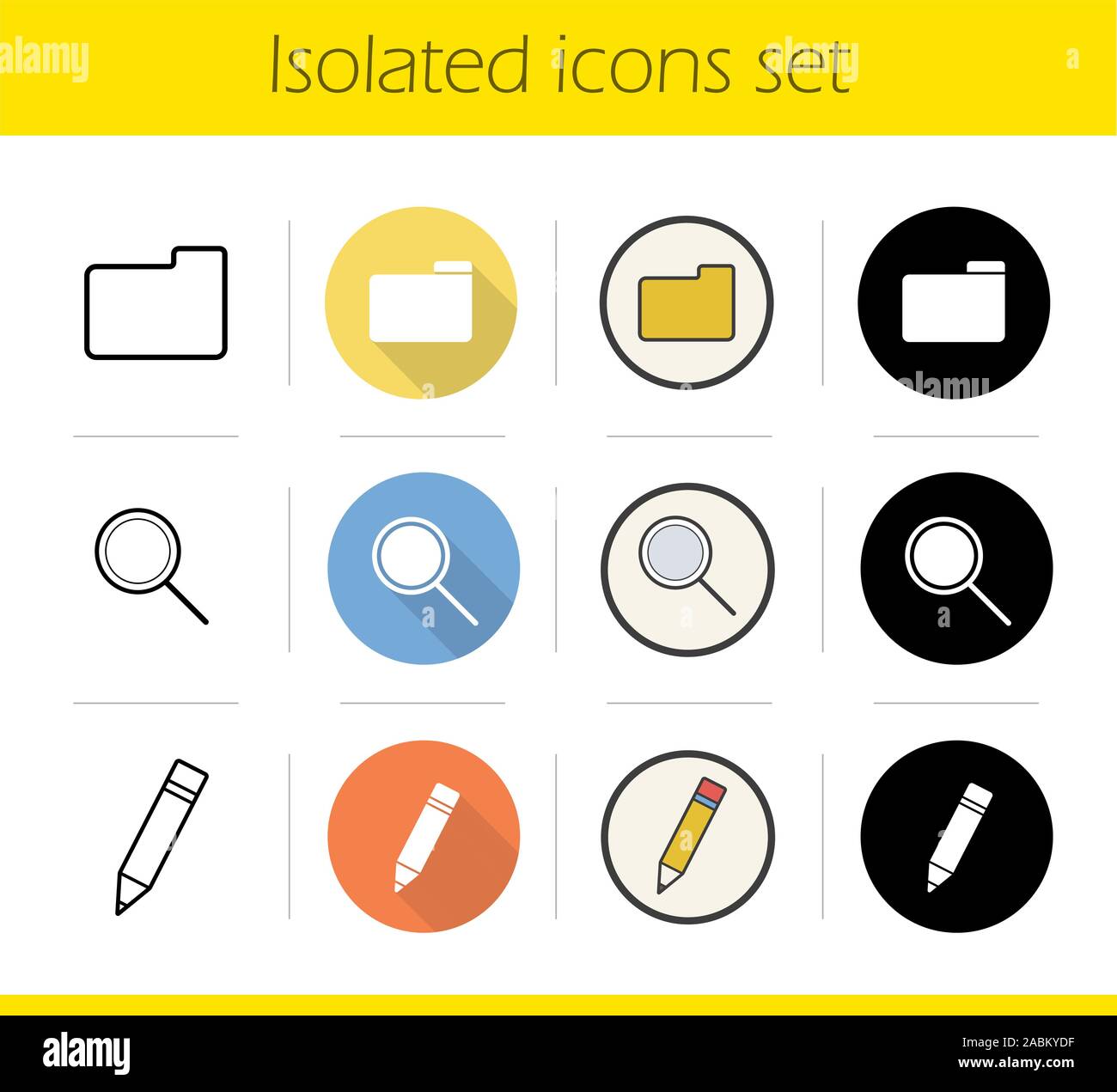 File manager icons set. Flat design, linear, black and color styles ...