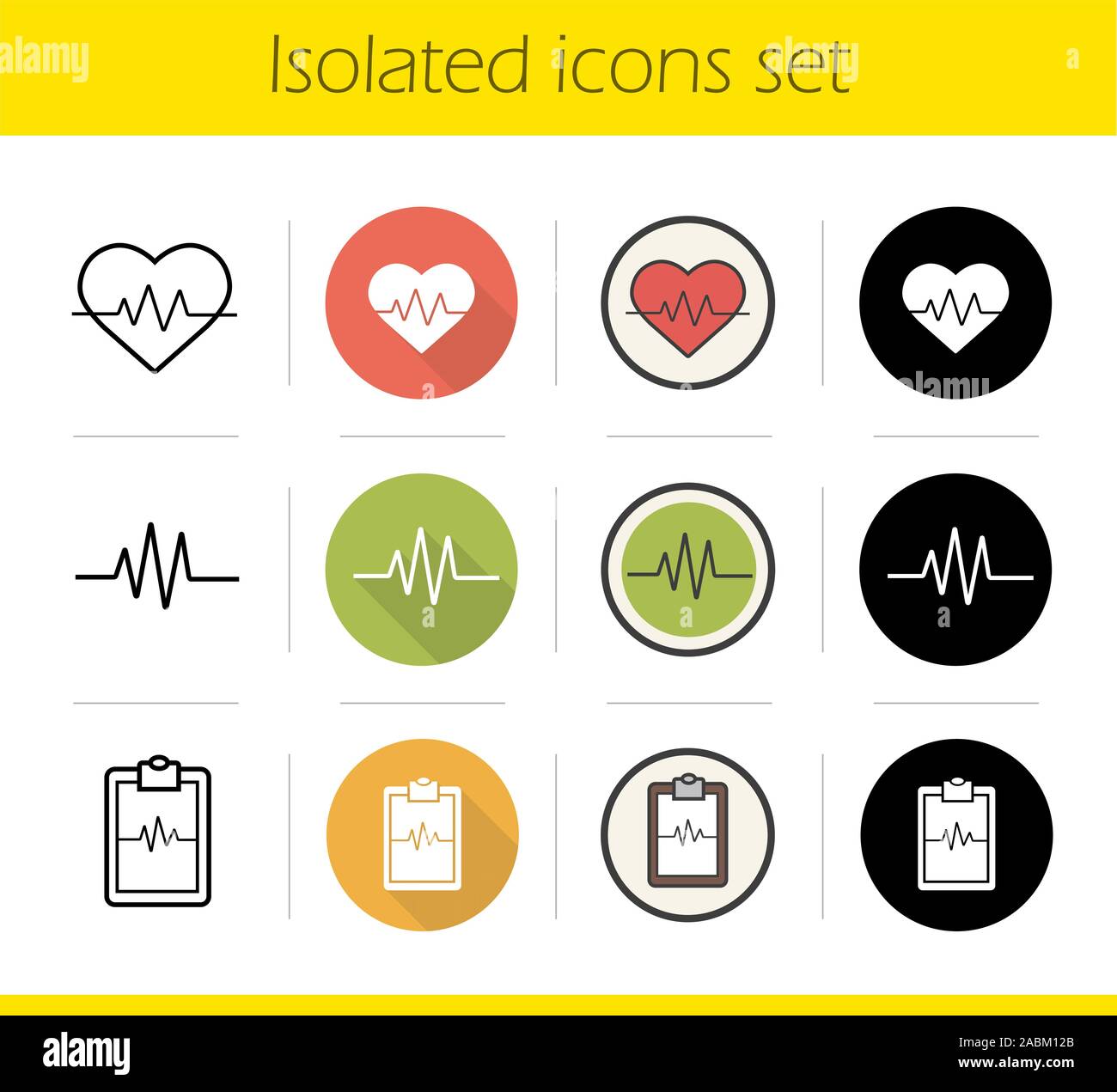 Cardiology icons set. Flat design, linear, black and color styles ...