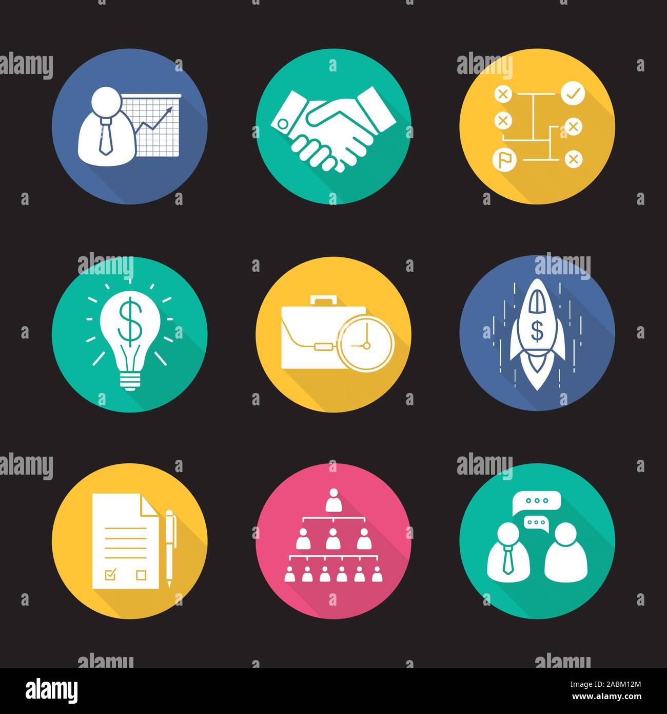 Business flat design long shadow icons set. Teamwork, company hierarchy ...