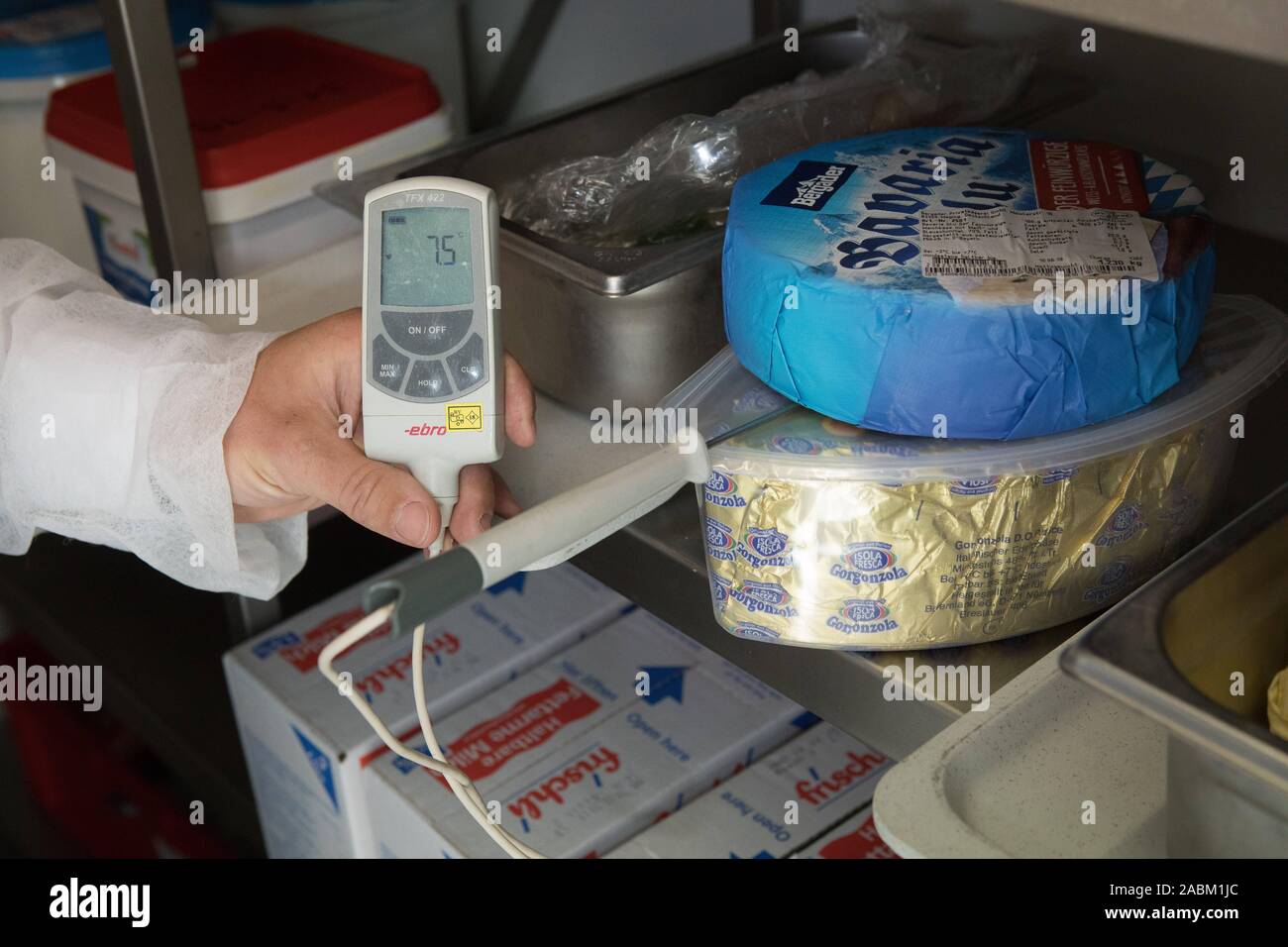 Staged food inspection. Here in the picture the temperature of cheese ...