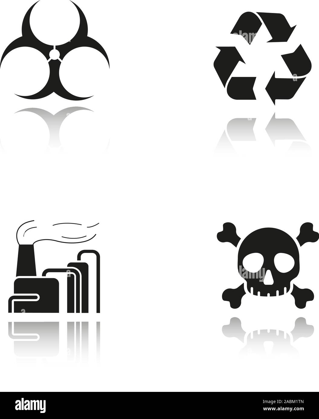 Industrial pollution drop shadow black icons set. Biohazard and recycle ...