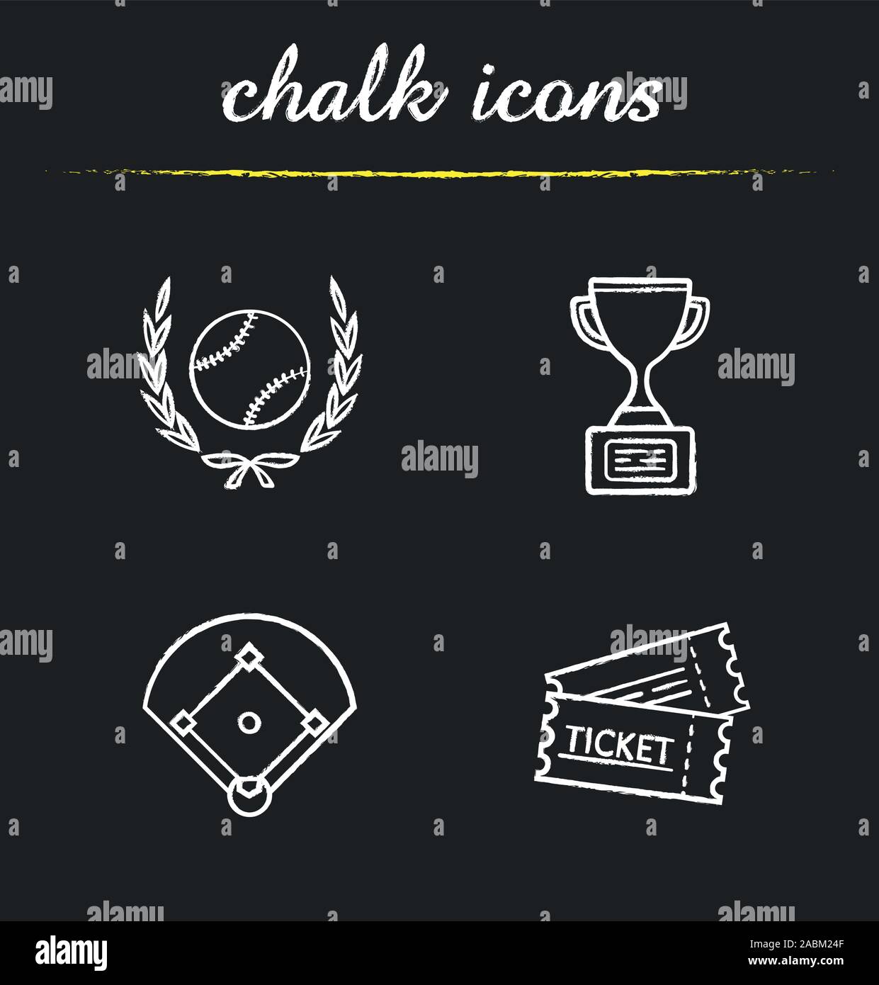 Baseball chalk icons set. Softball ball in laurel wreath, field, game ...