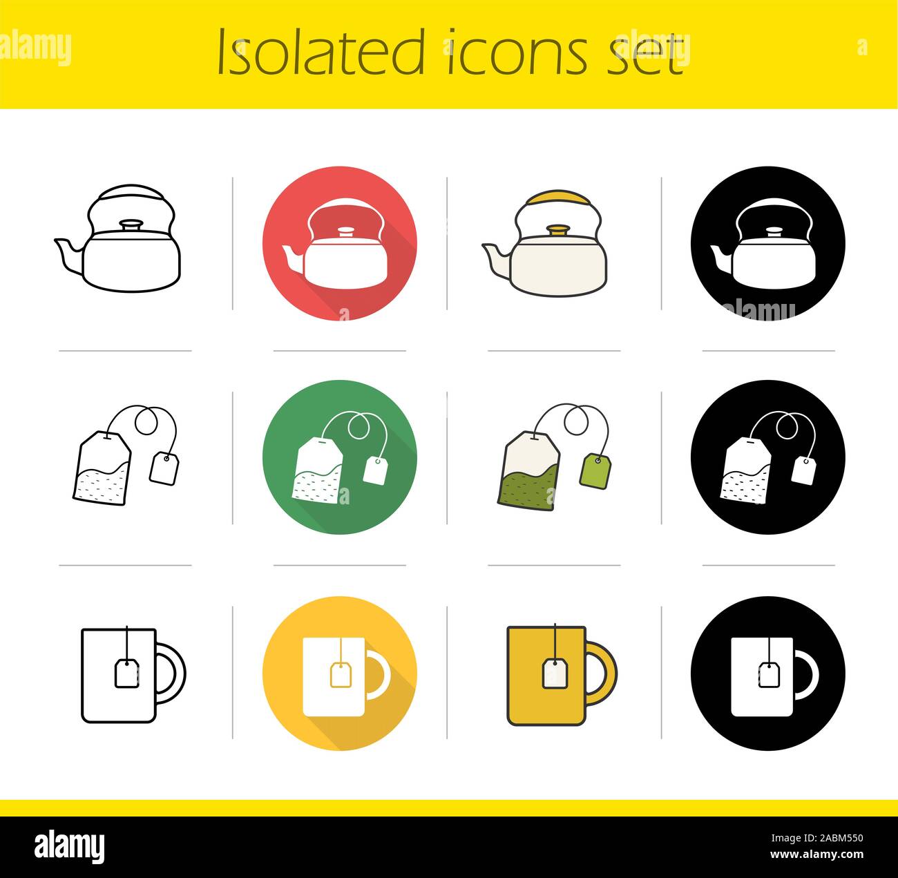 Tea icons set. Flat design, linear, black and color styles. Classic ...