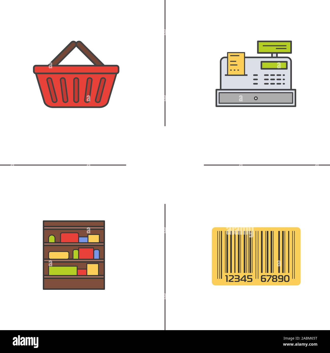 Supermarket color icons set. Shopping basket, cash register, bar code ...
