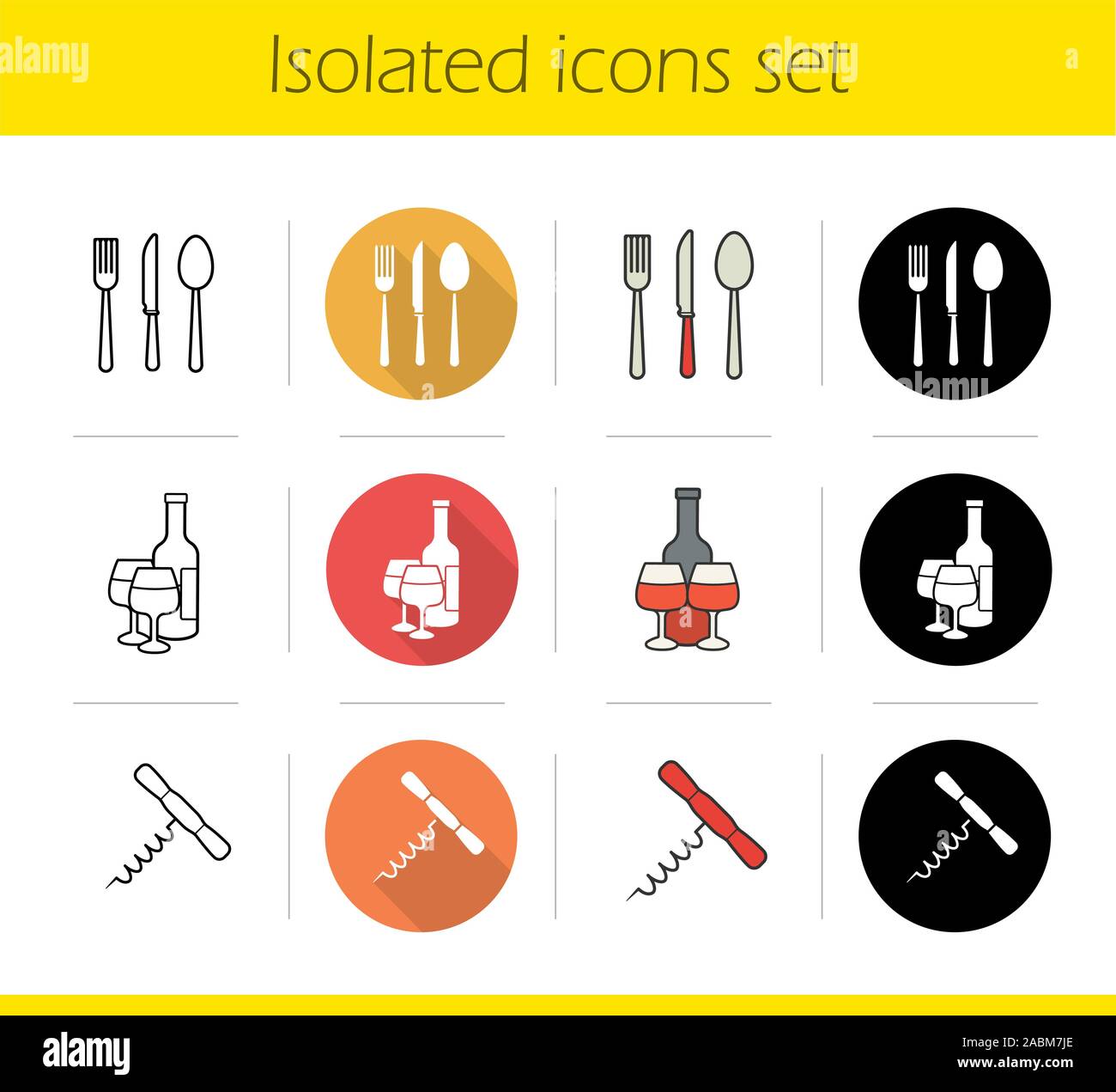 Kitchen items icons set. Flat design, linear, black and color styles ...