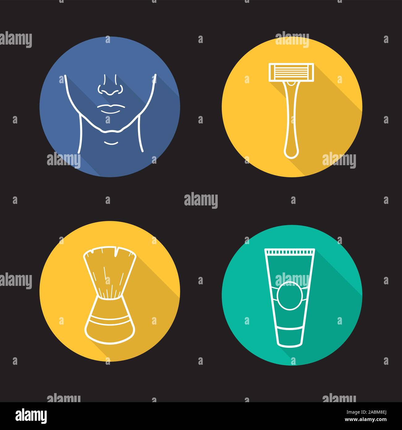 Shaving flat linear long shadow icons set. Man's face, shaving razor ...
