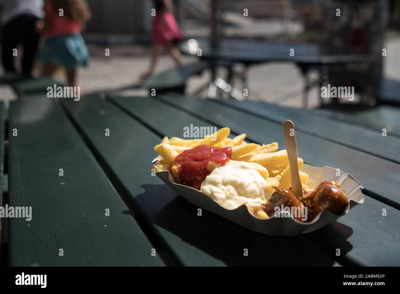 Food available in larger leisure facilities: Here currywurst with chips ...