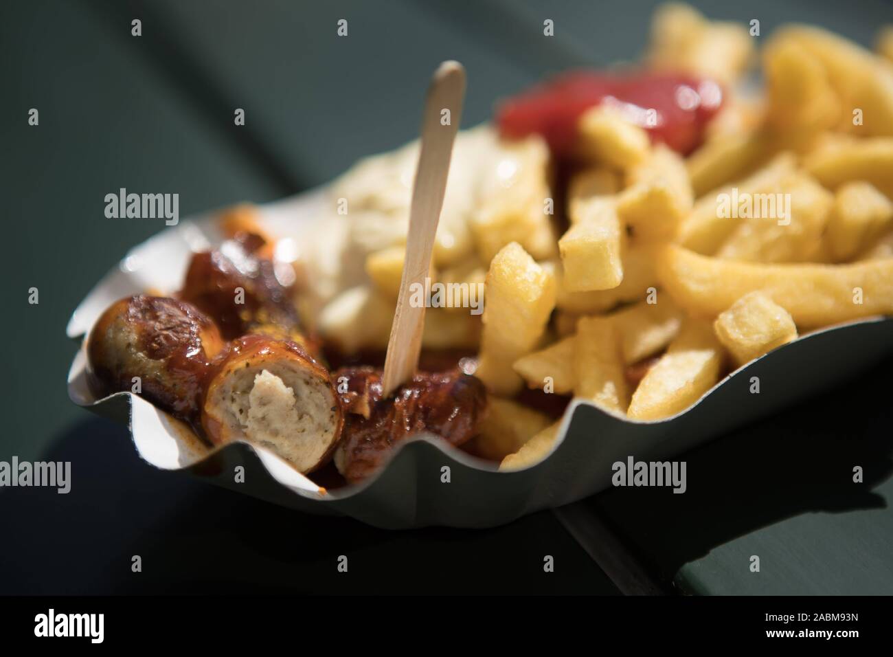 Food available in larger leisure facilities: Here currywurst with chips ...