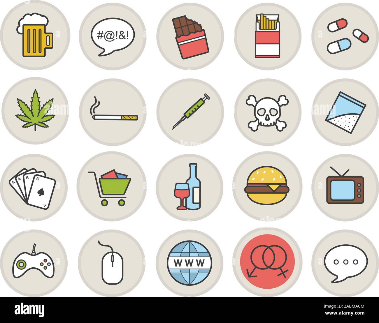 Addictions and bad habits color icons set. Smoking, alcoholism, gaming ...