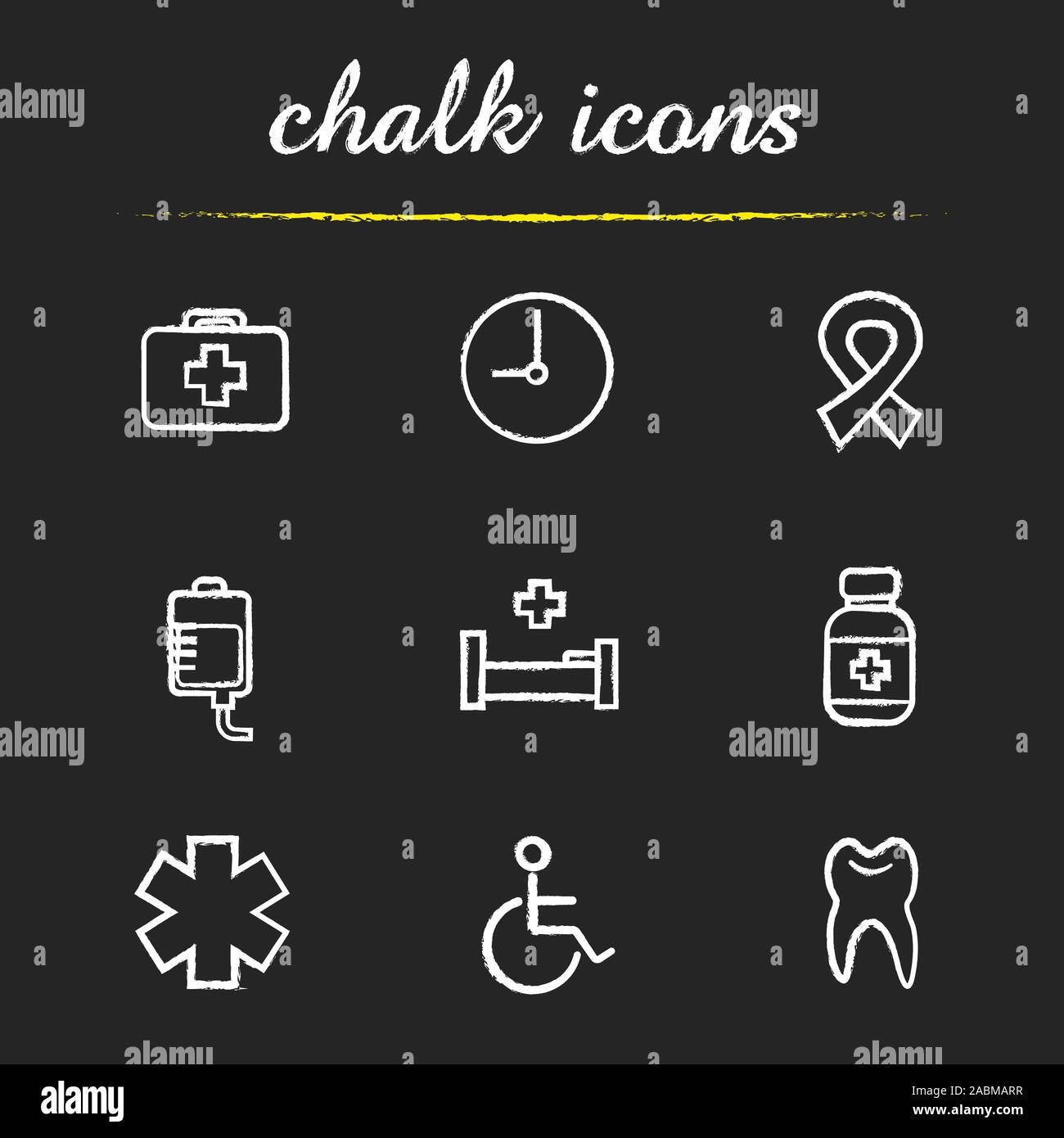 Medical chalk icons set. First aid kit, clock, aids ribbon, blood bag ...