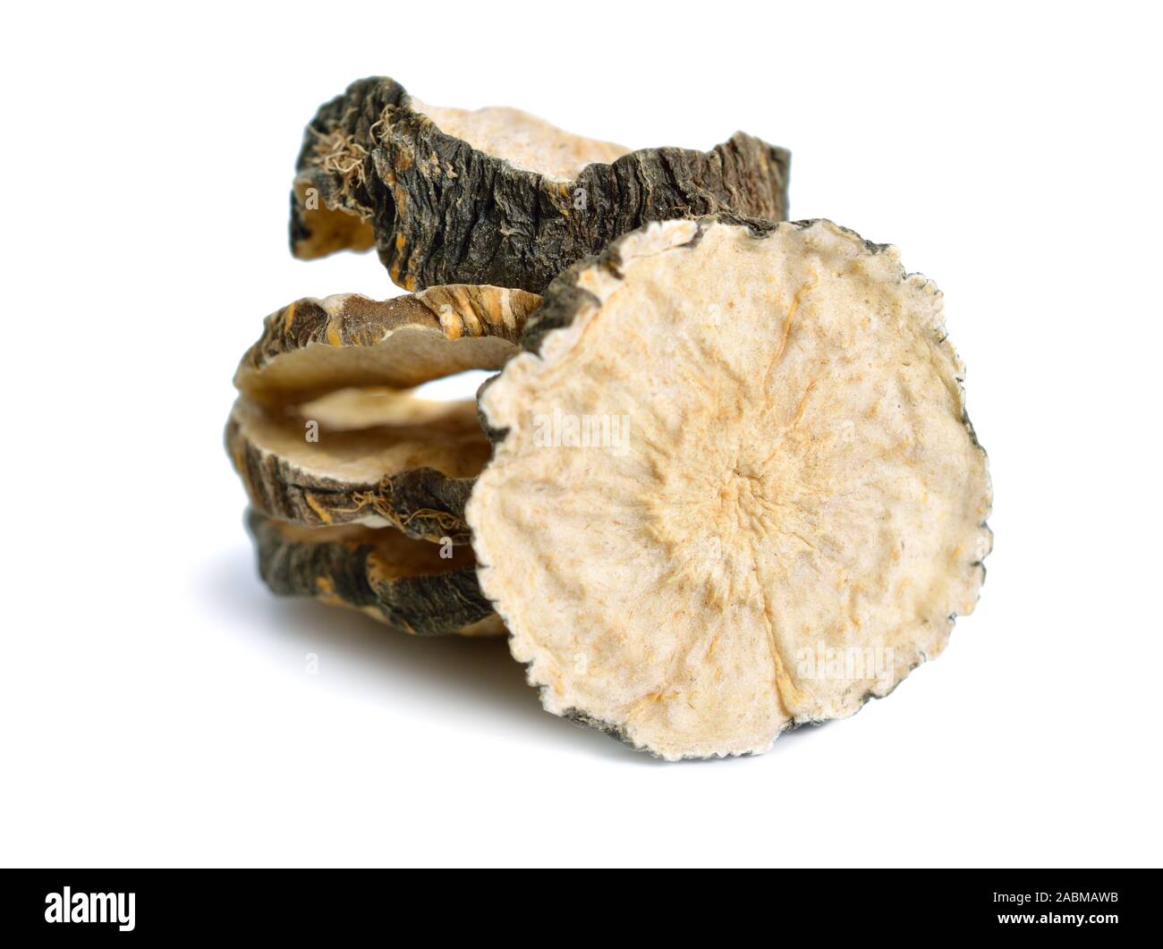 Dried sliced Lepidium meyenii, known as maca or Peruvian ginseng ...