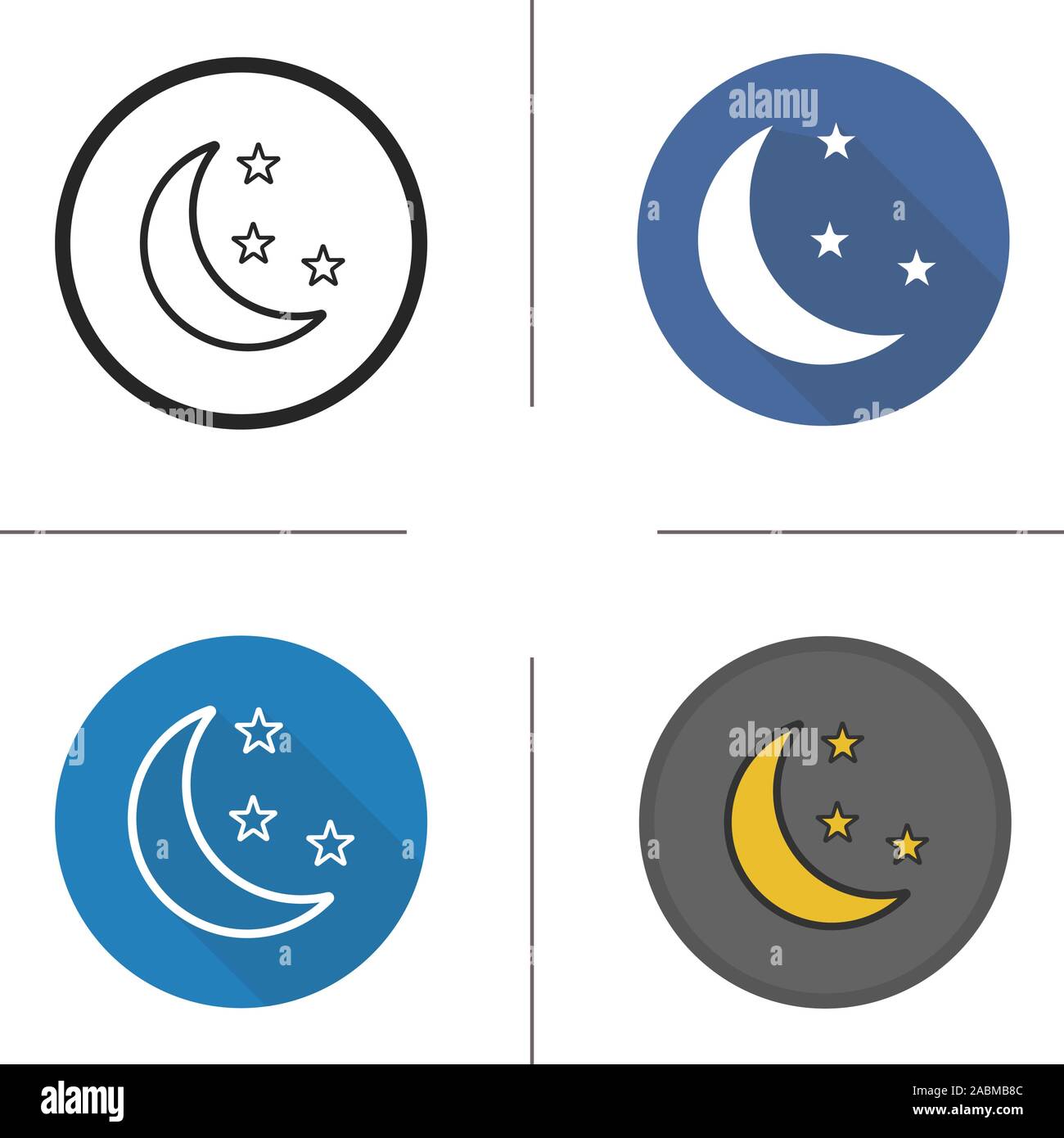 Moon and stars night icon. Flat design, linear and color styles ...