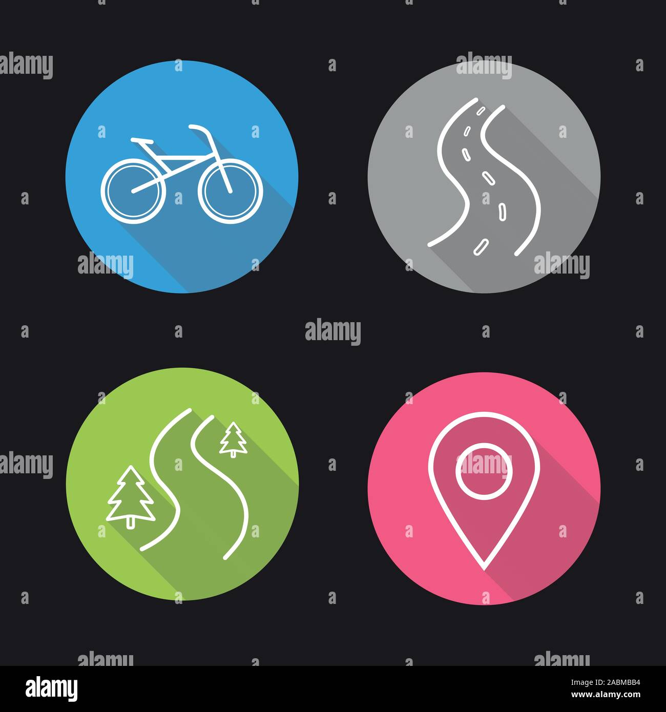 Bike riding flat linear long shadow icons set. Map pinpoint, forest ...