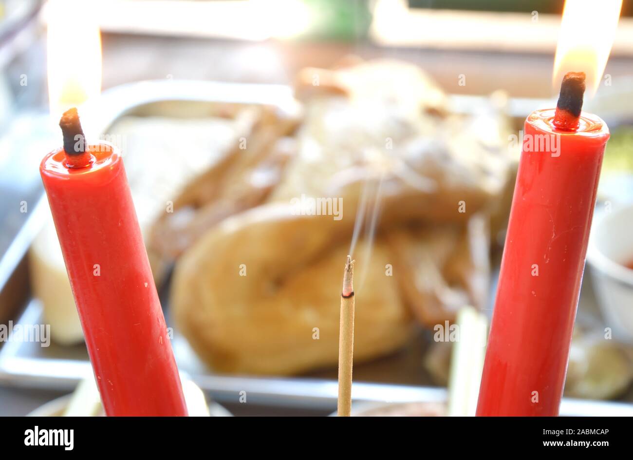 incense stick fire and food course for offering god with ancestor in ...