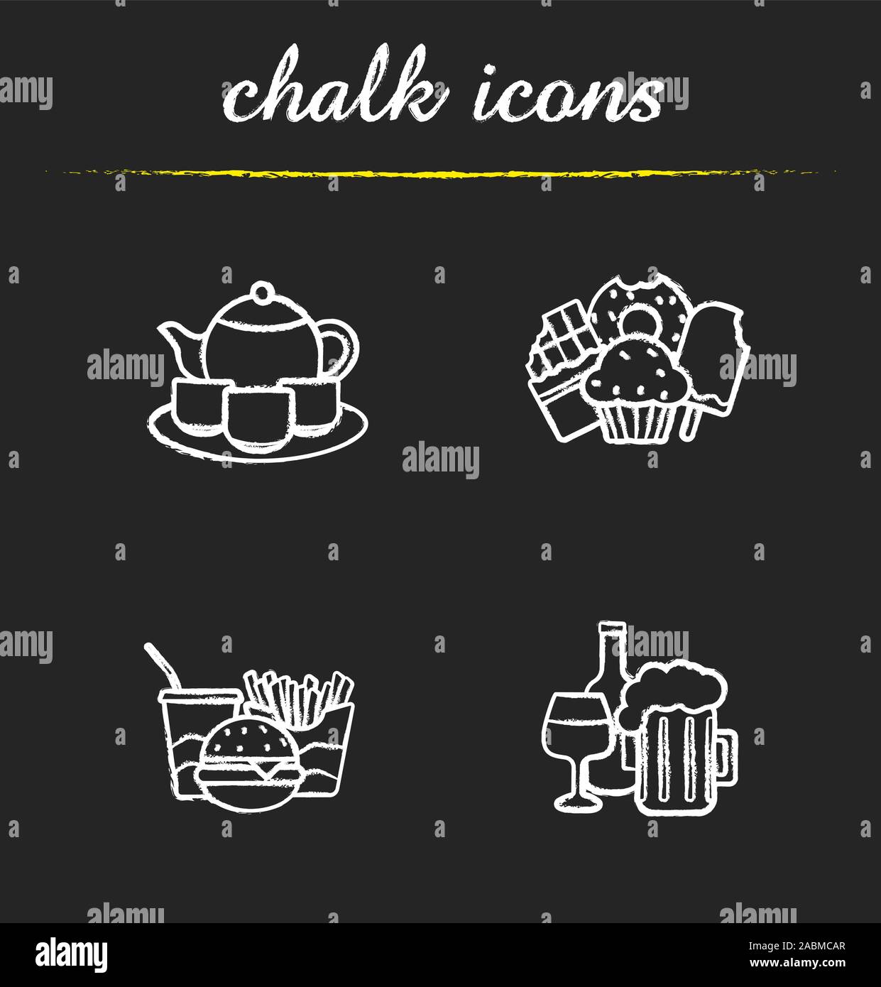 Food and drinks chalk icons set. Tea, confectionery, fastfood and ...