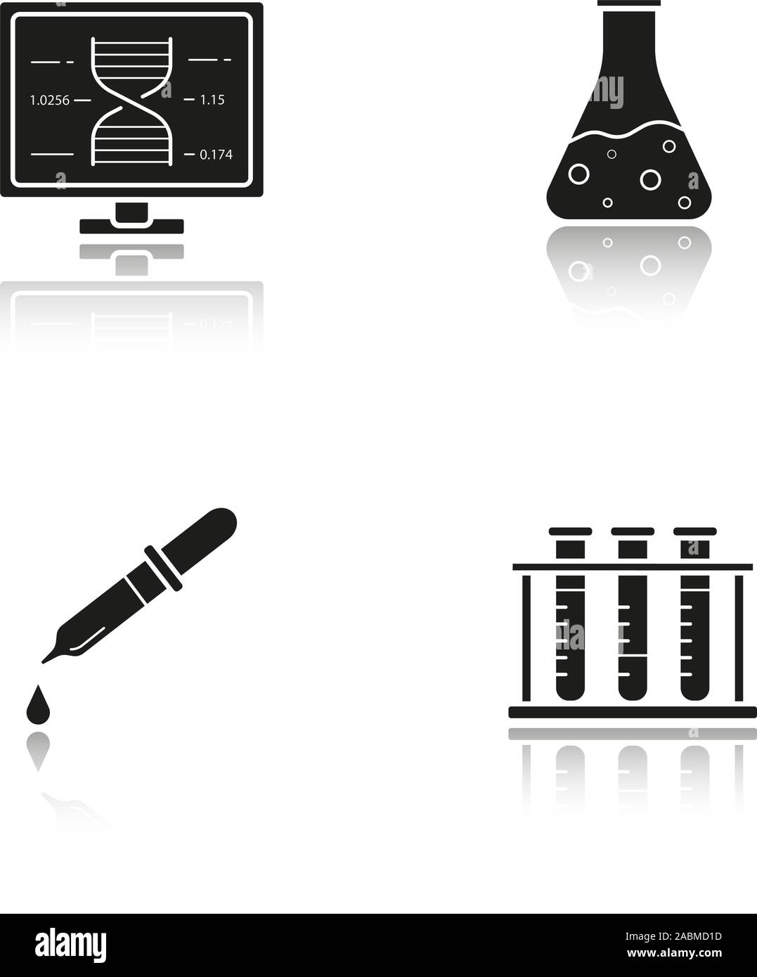 Science laboratory items. Drop shadow black icons set. Dna research ...
