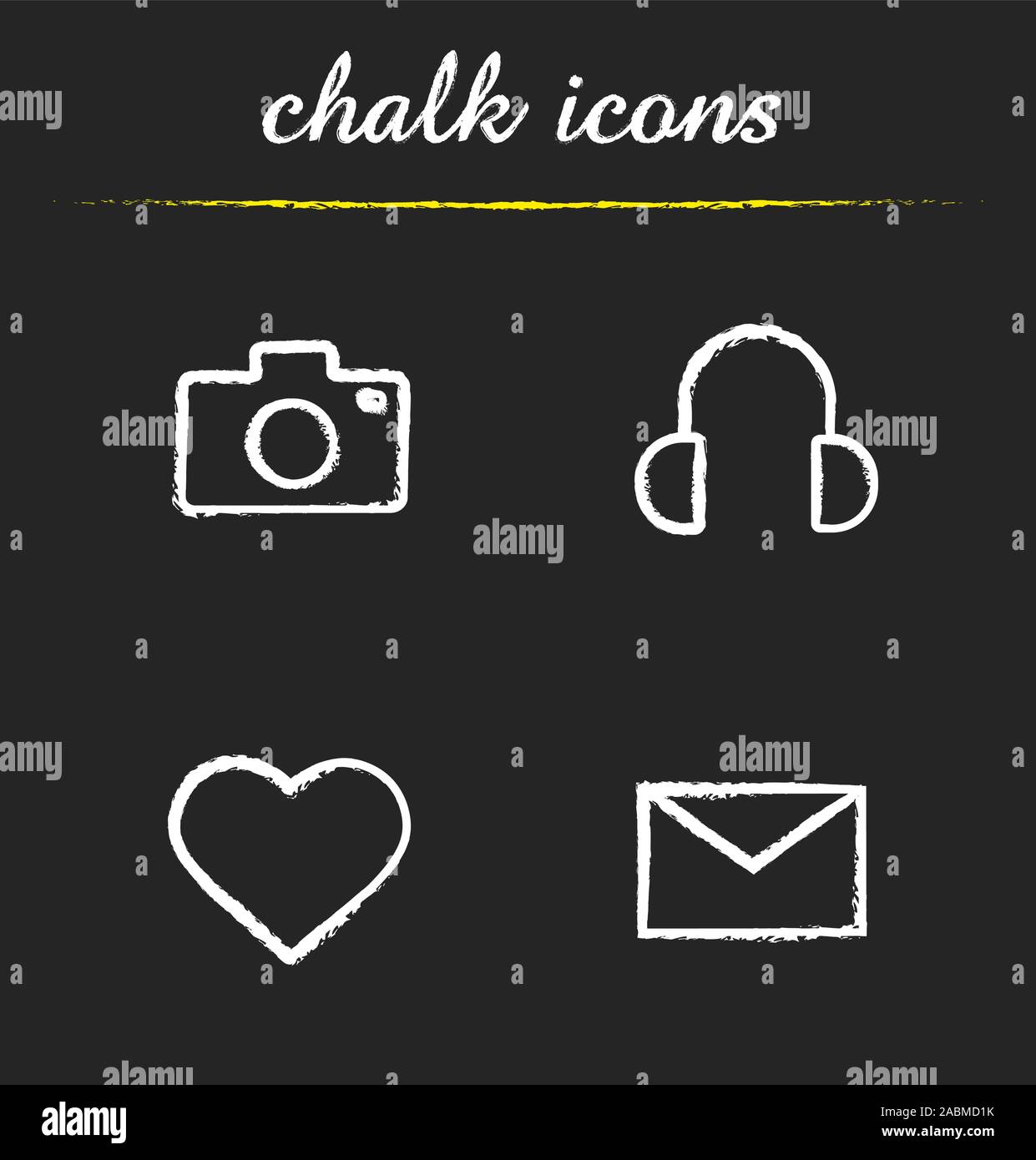 Social media chalk icons set. Photo camera, heart, letter and ...