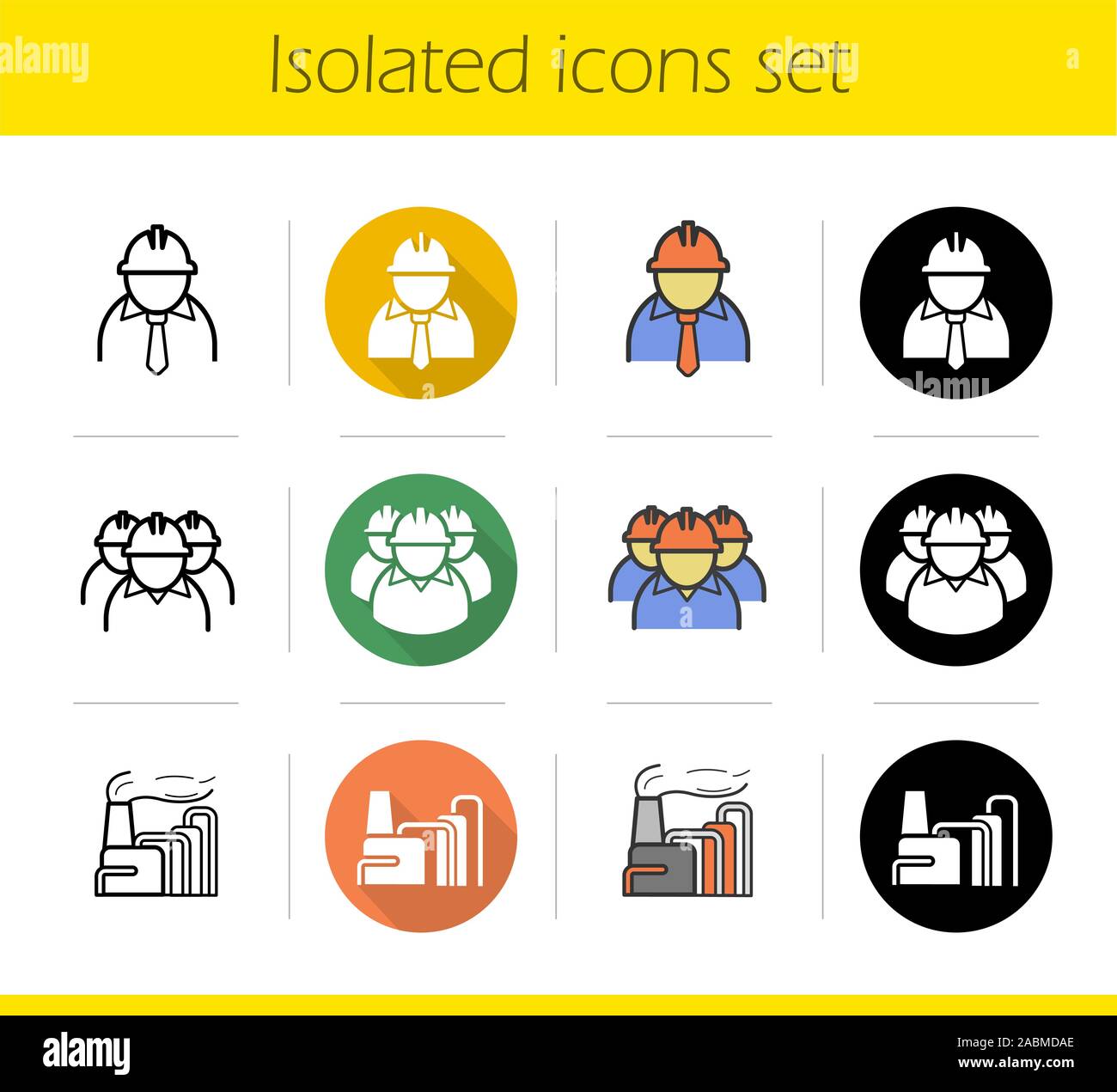 Industrial plant icons set. Flat design, linear, black and color styles ...