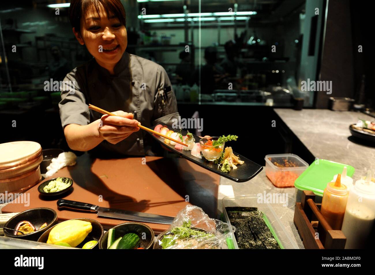 Open kitchen in the Japanese-Vietnamese restaurant "Anoki" in the ...