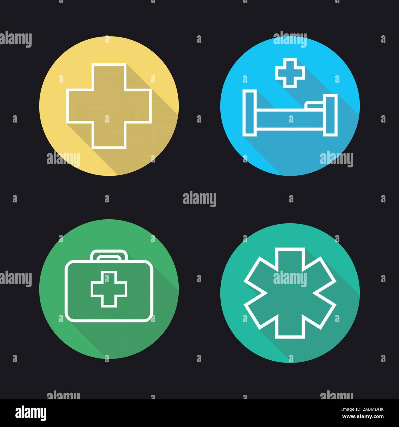 Hospital flat linear long shadow icons set. Medical cross, hospital bed ...