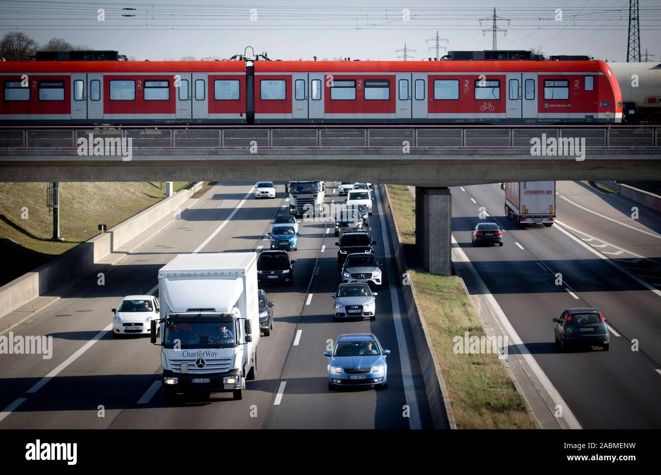 Traffic jam on the west bypass of the A96 at Germering-Nord. On a ...