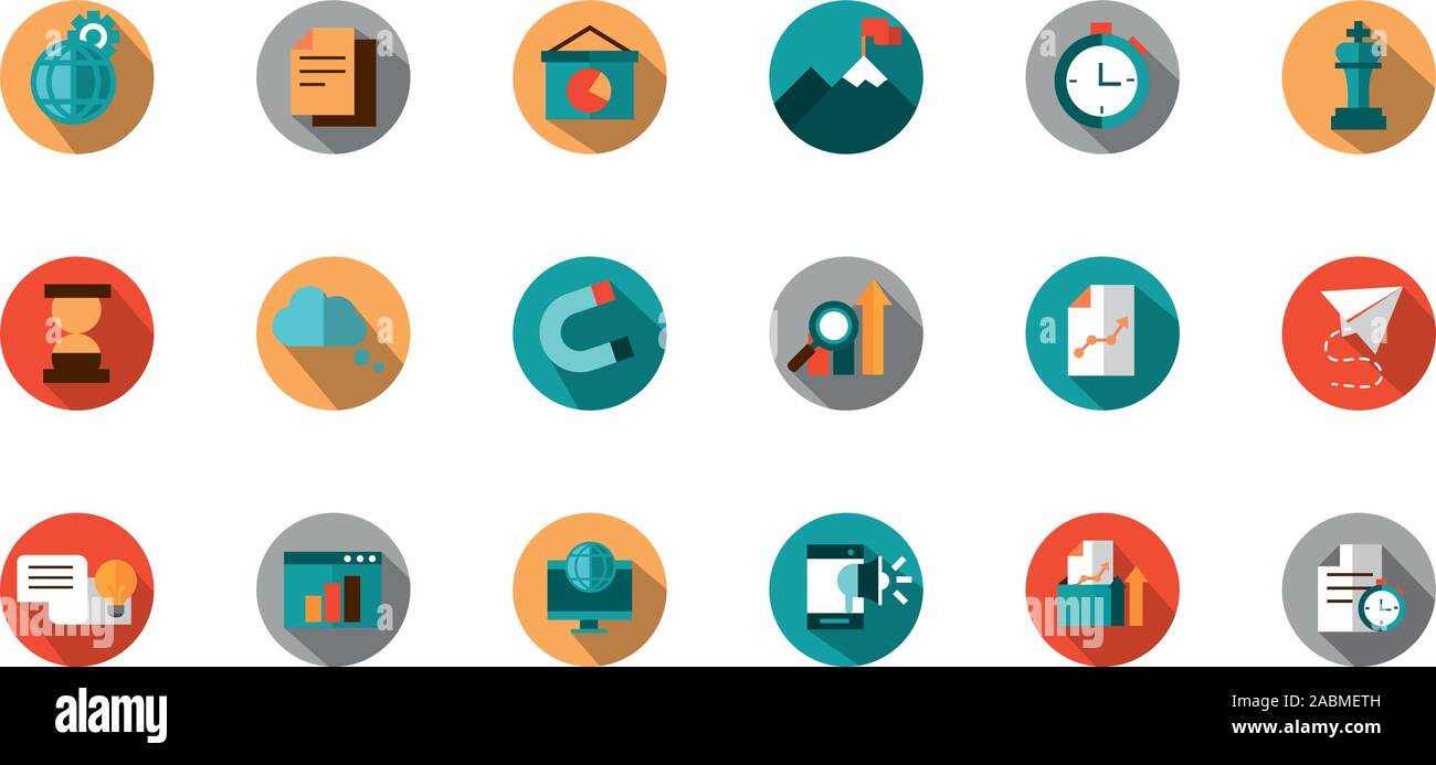 business strategy network icons set block shadow vector illustration ...