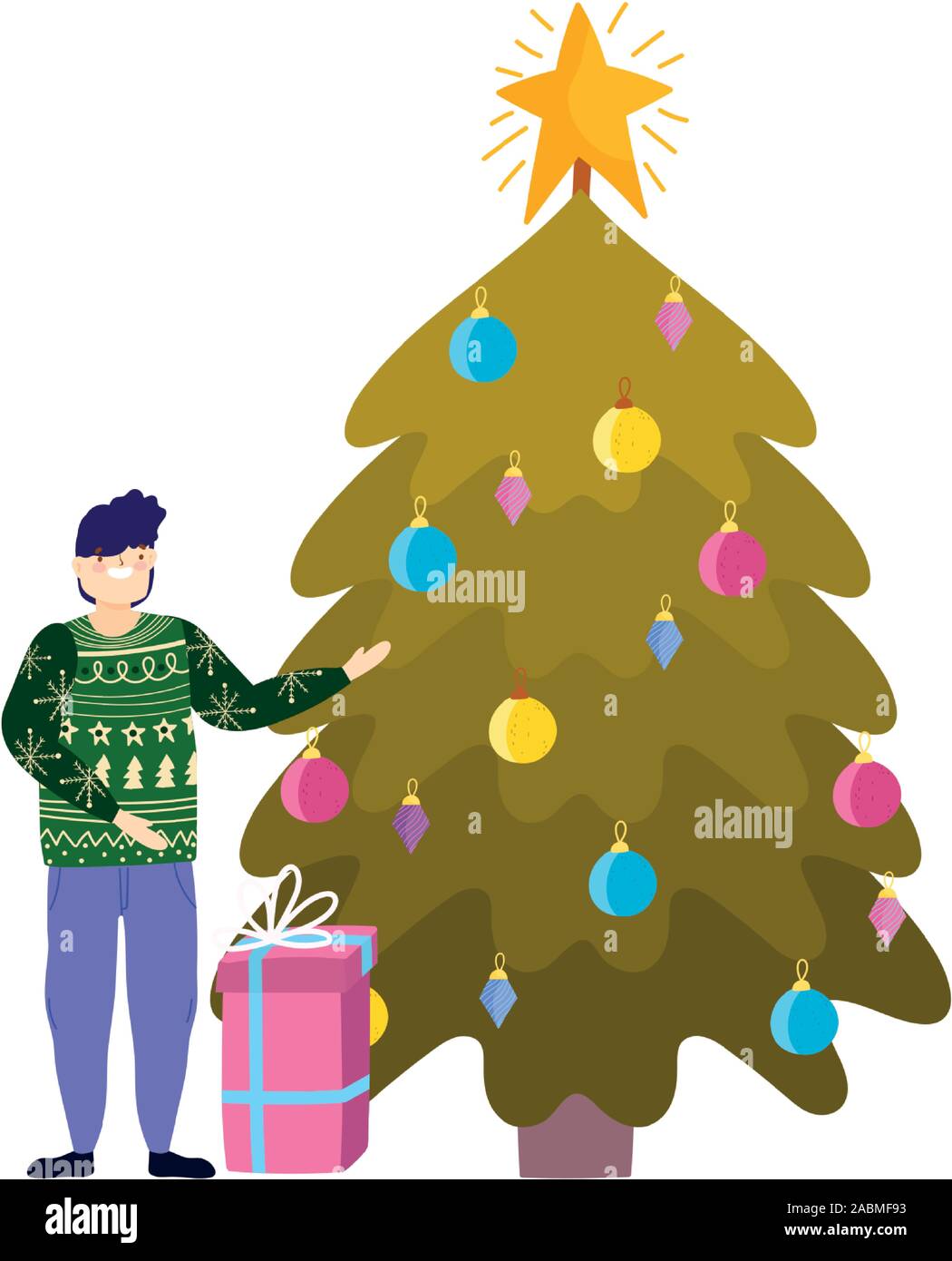 merry christmas man with ugly sweater with decorative tree and gift ...