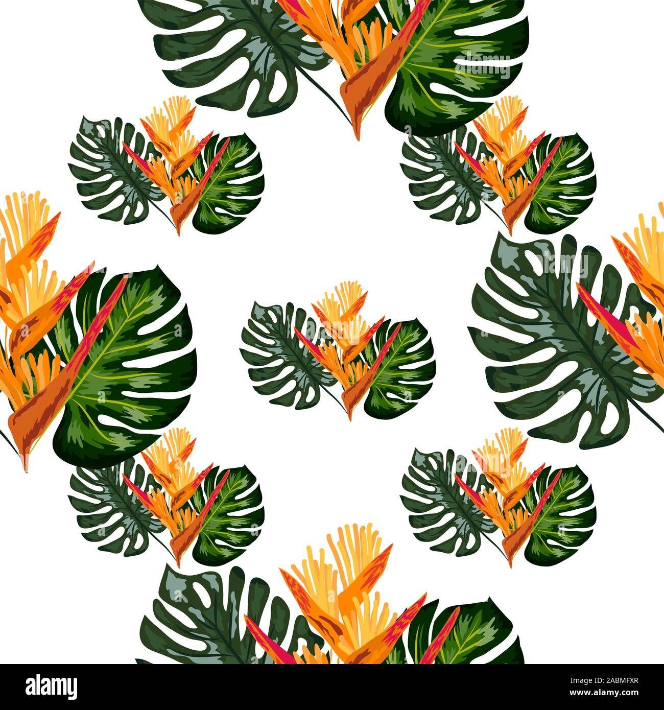 Summer jungle pattern with tropical flowers heliconia or lobster-claw ...