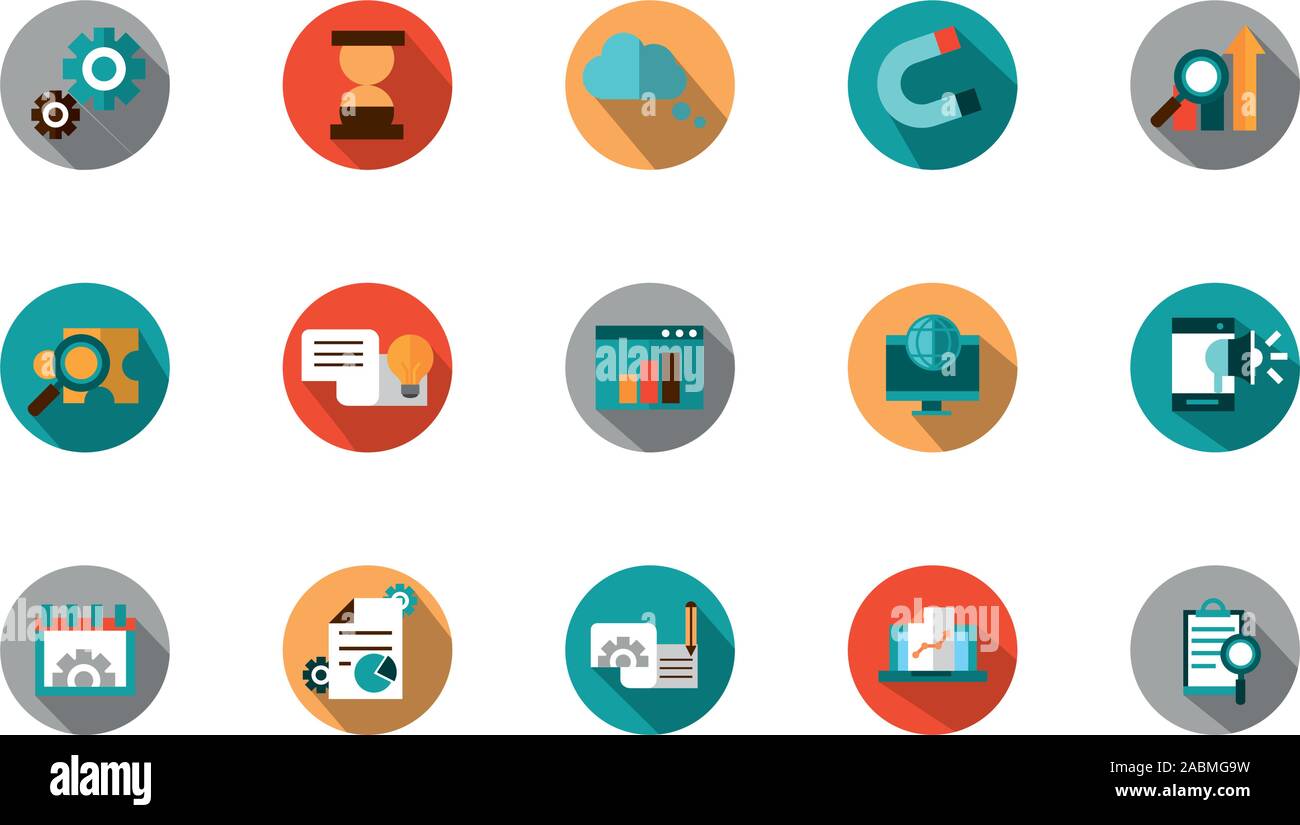 business strategy network icons set block shadow vector illustration ...