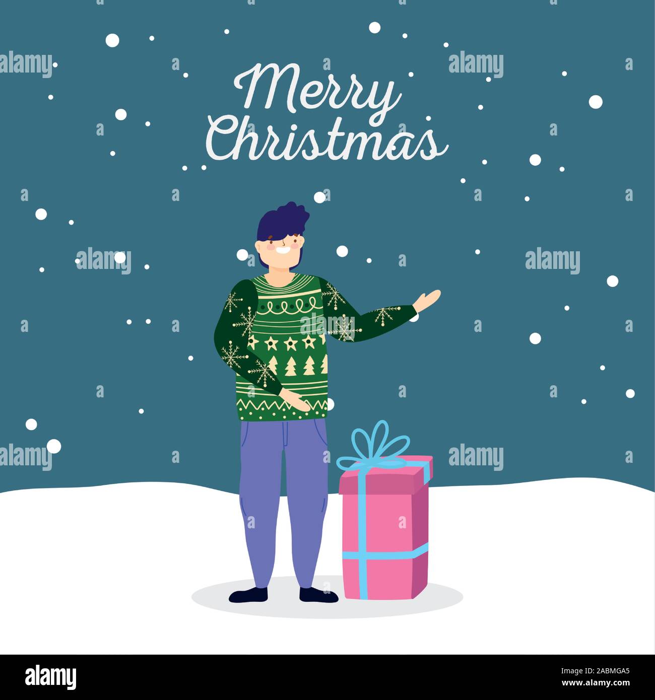 merry christmas man with ugly sweater gift snow celebration vector ...