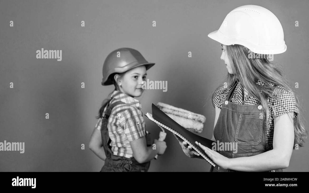 Home improvement activities. Kids girls planning renovation. Repaint ...