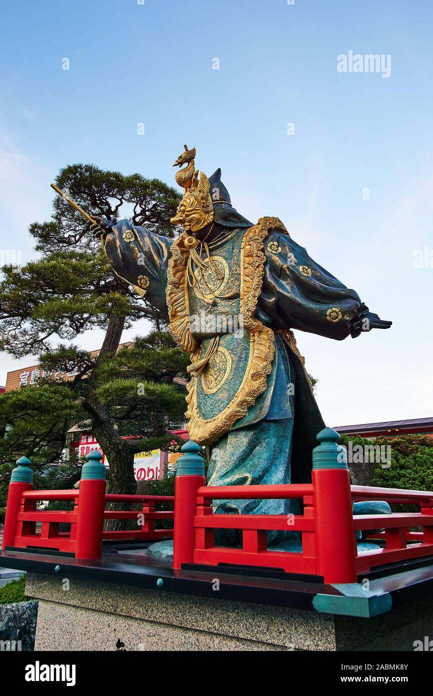 Statue of Ranryo-o (traditional god of Japanese court music) in front ...
