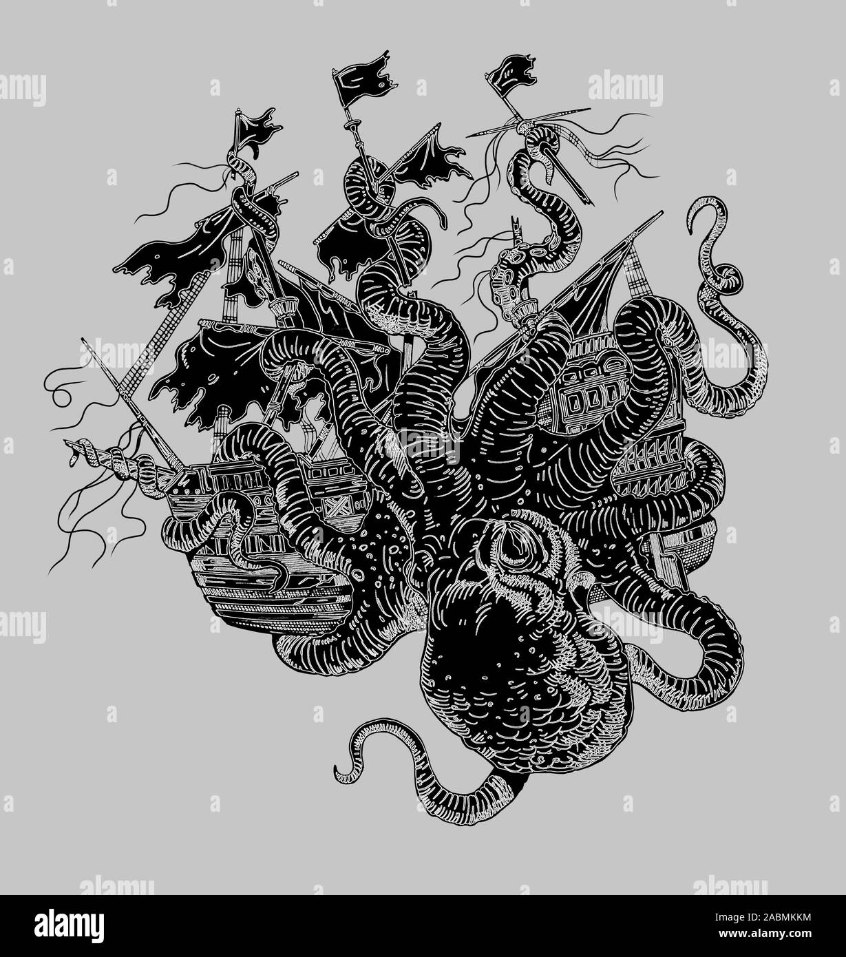 Giant octopus attacks ship. Gigantic mollusk against pirates. Fantasy ...