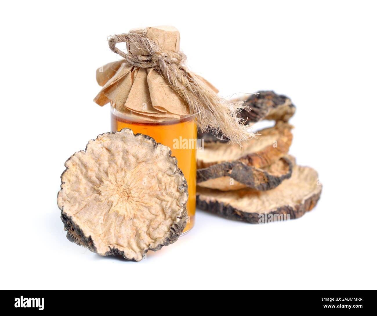 Dried sliced Lepidium meyenii, known as maca or Peruvian ginseng ...