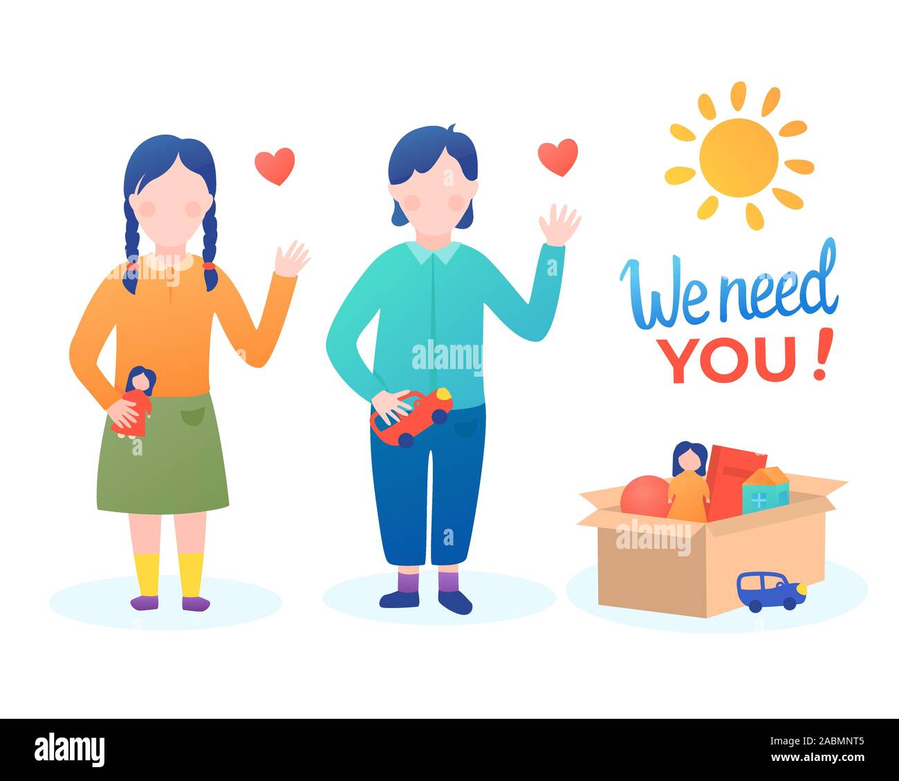 Girl and boy waving hand with love. Lettering inscription We need you ...