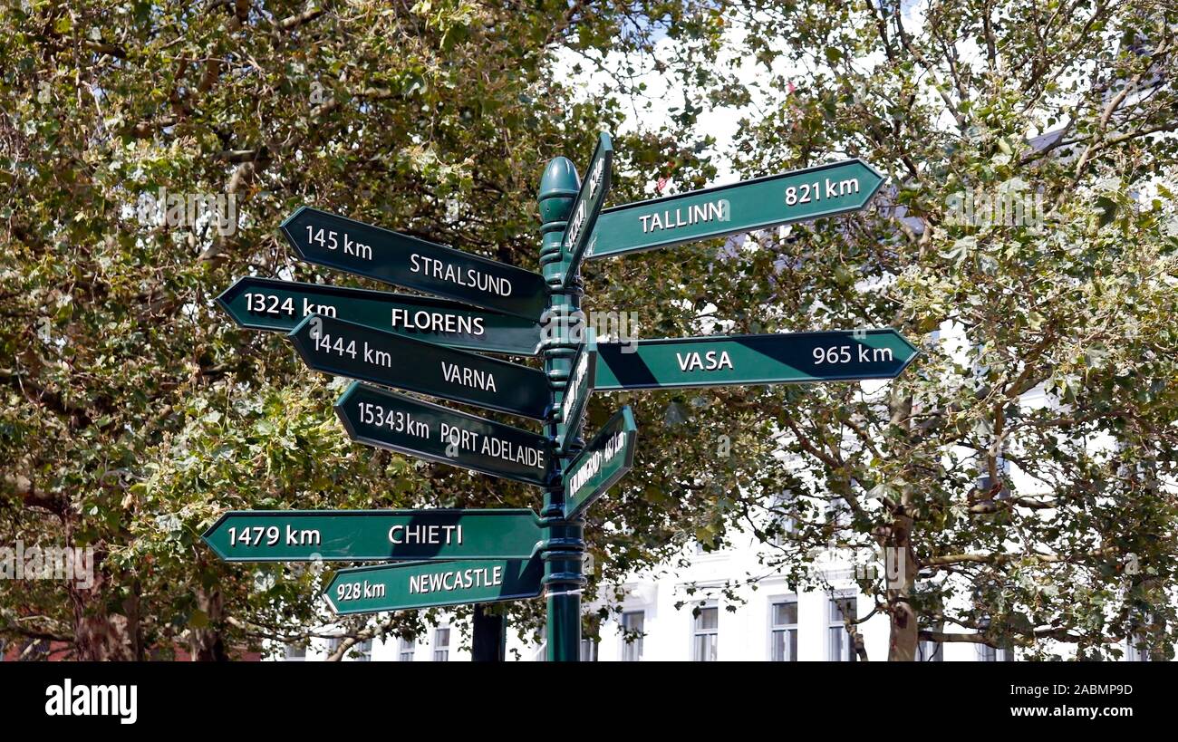 A Sign Post, with various location at Malmo, a Coastal City in Sweden ...