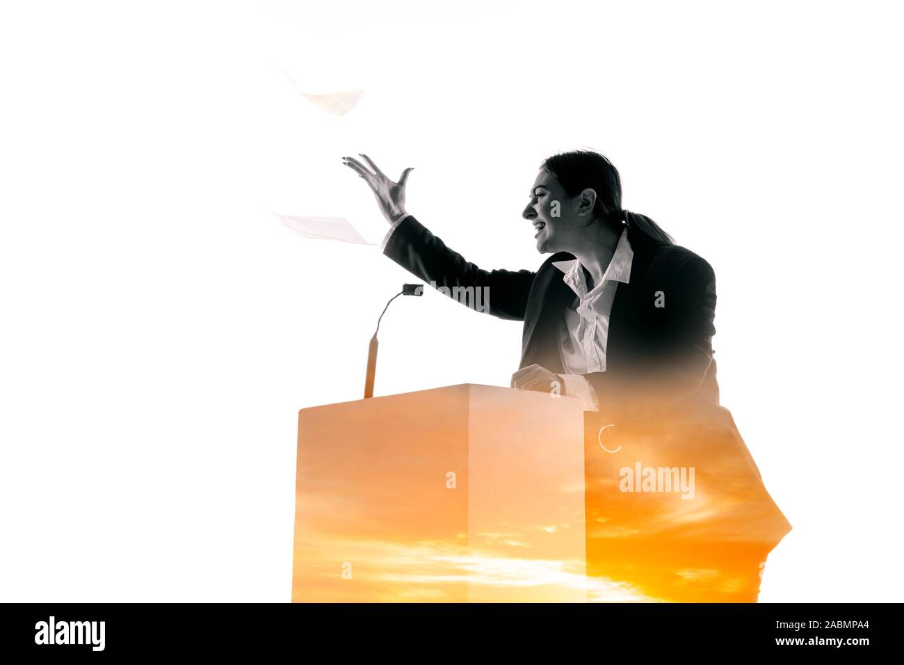 Angry. Speaker, coach or chairwoman during politician speech isolated ...