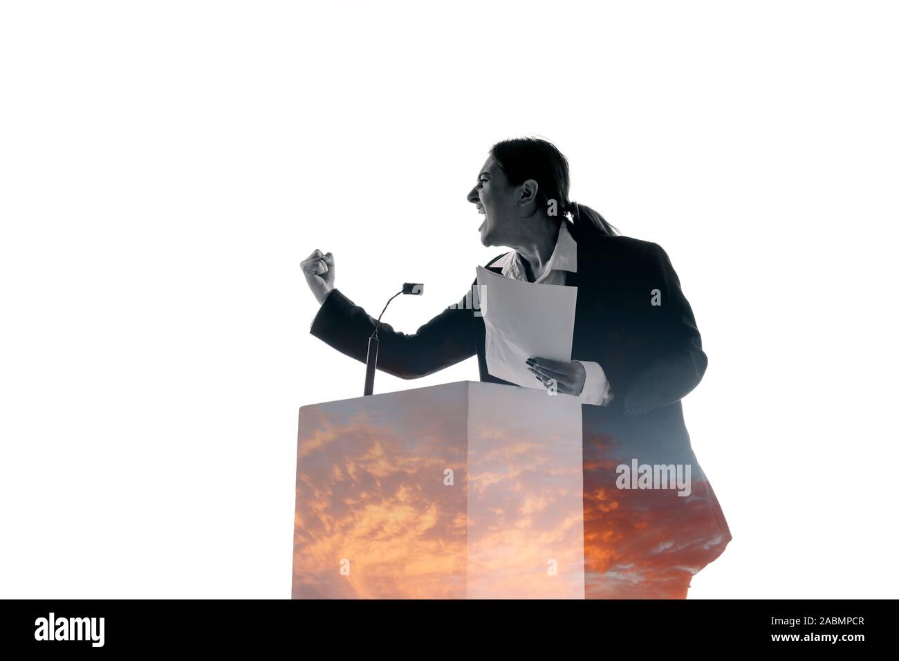 Angry. Speaker, coach or chairwoman during politician speech isolated ...