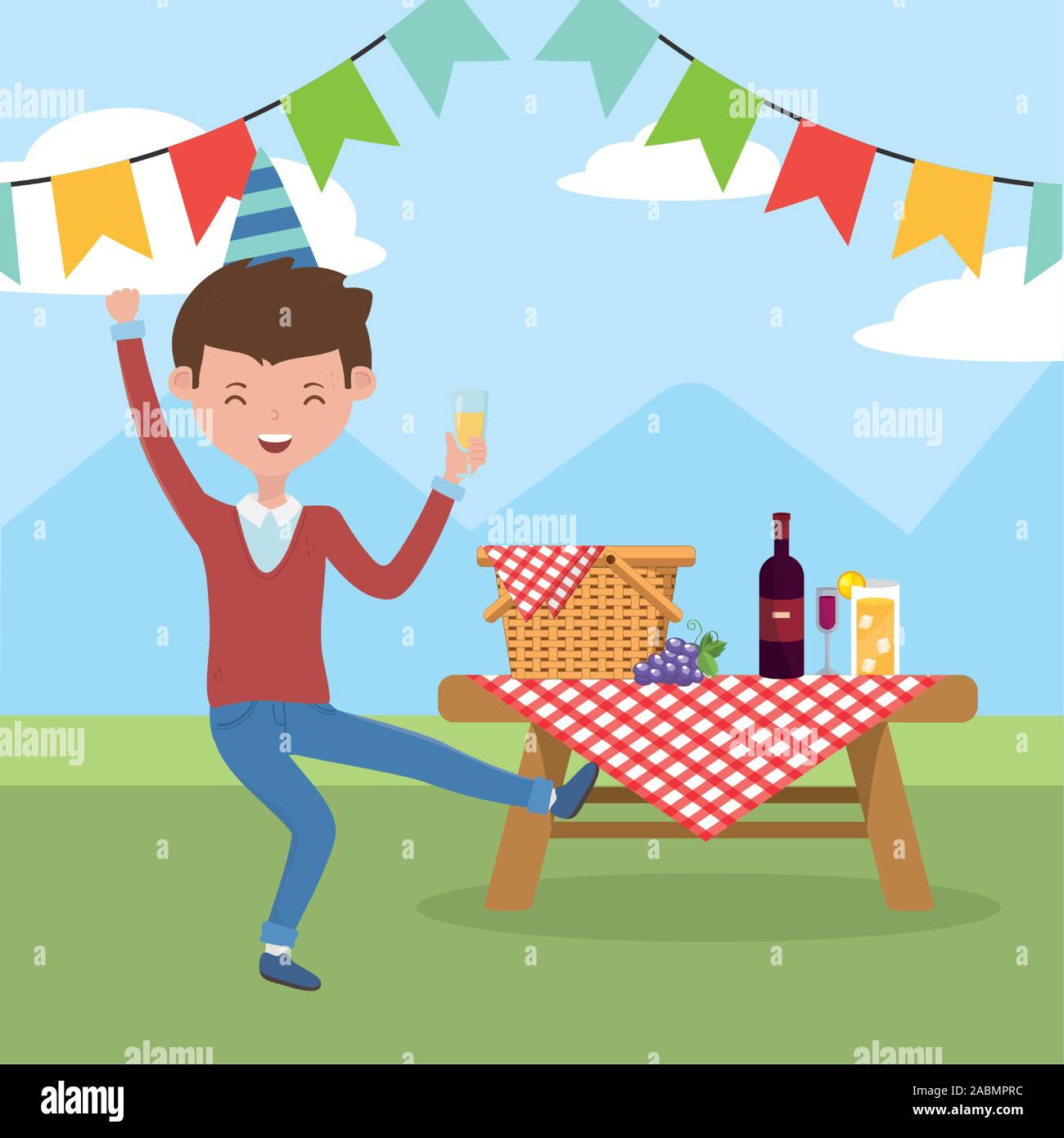 Man cartoon having picnic design, Food party summer outdoor leisure ...