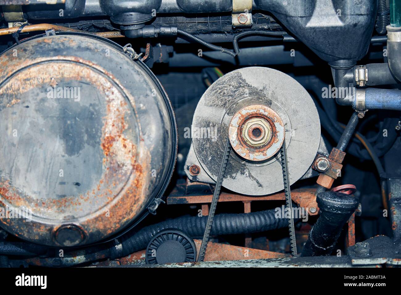 Engine details. Old and rusty motor engine parts. Close up of old and ...