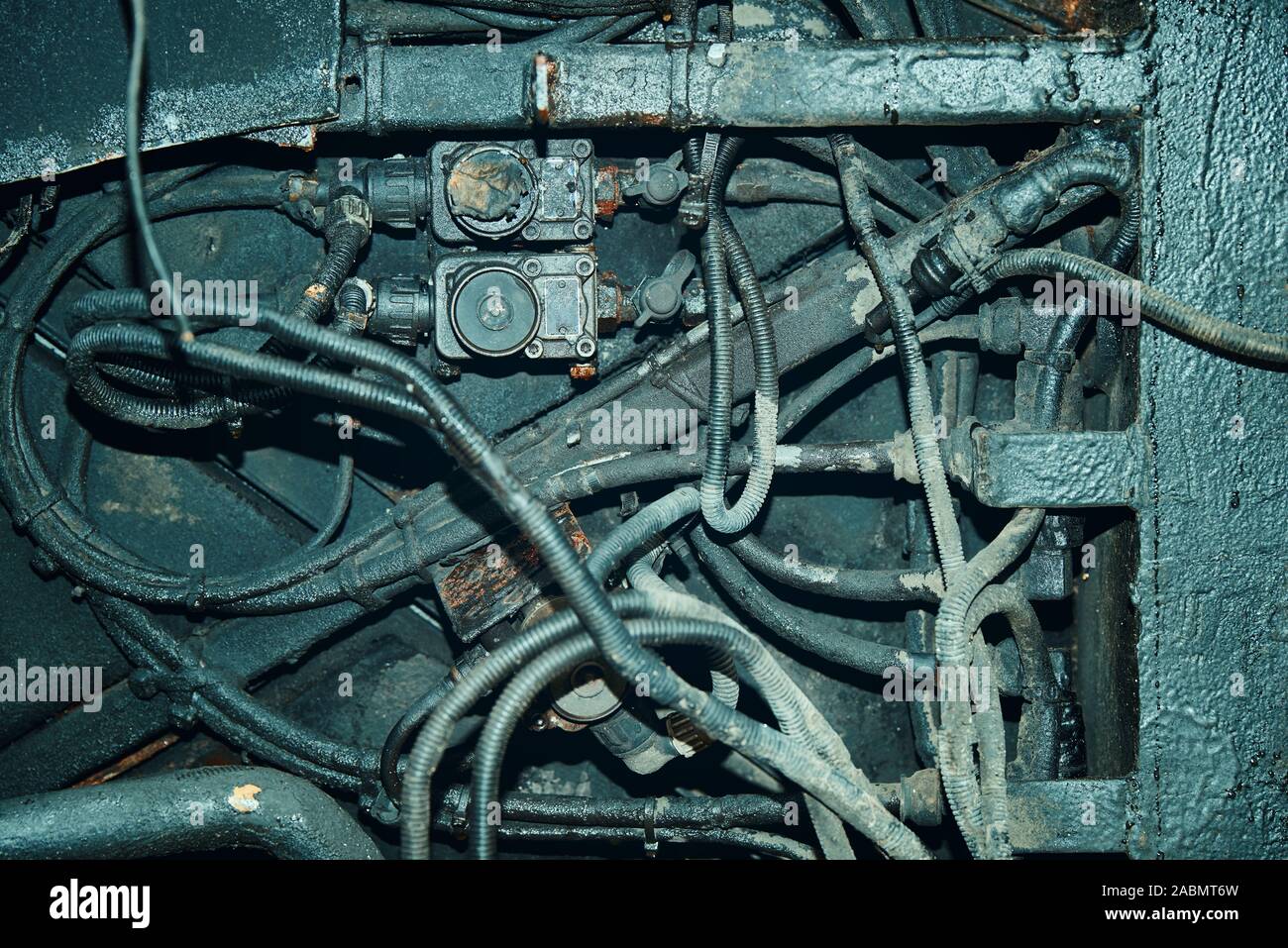 Engine details. Old and rusty motor engine parts. Close up of old and ...