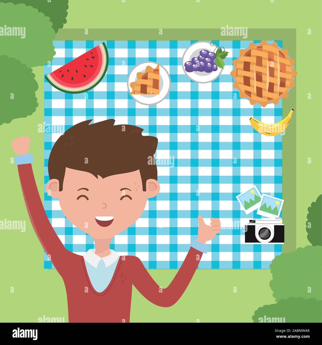 Man cartoon having picnic design, Food party summer outdoor leisure ...