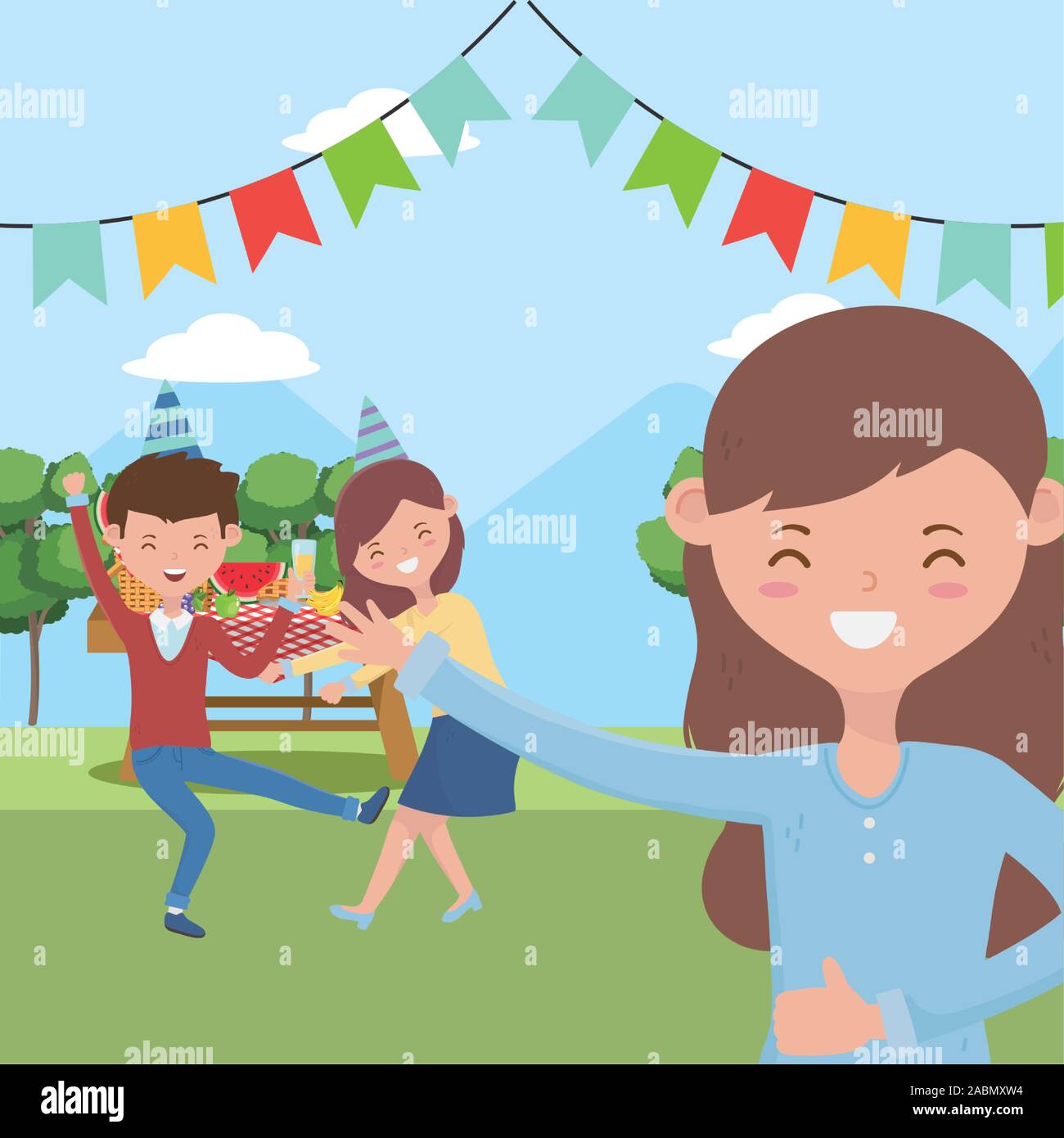 People cartoons having picnic design, Food party summer outdoor leisure ...